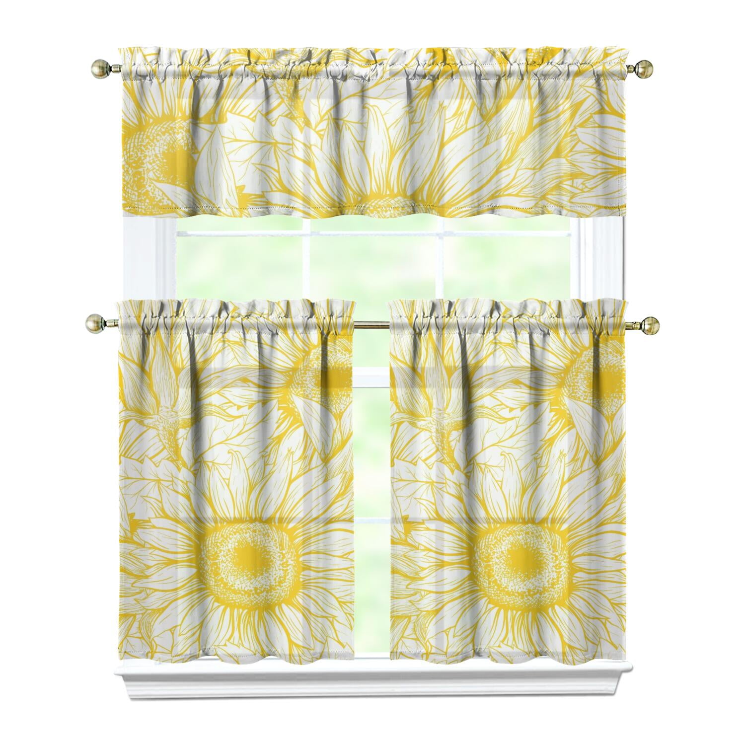 Sunflower Kitchen Curtains Set of 3 - Boho Floral Tier Curtains with ...