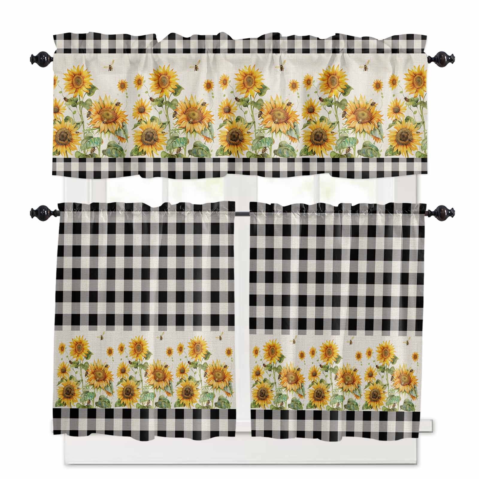 Sunflower Kitchen Curtains Set for Windows 3 Pieces,36 Inch Length Tier ...