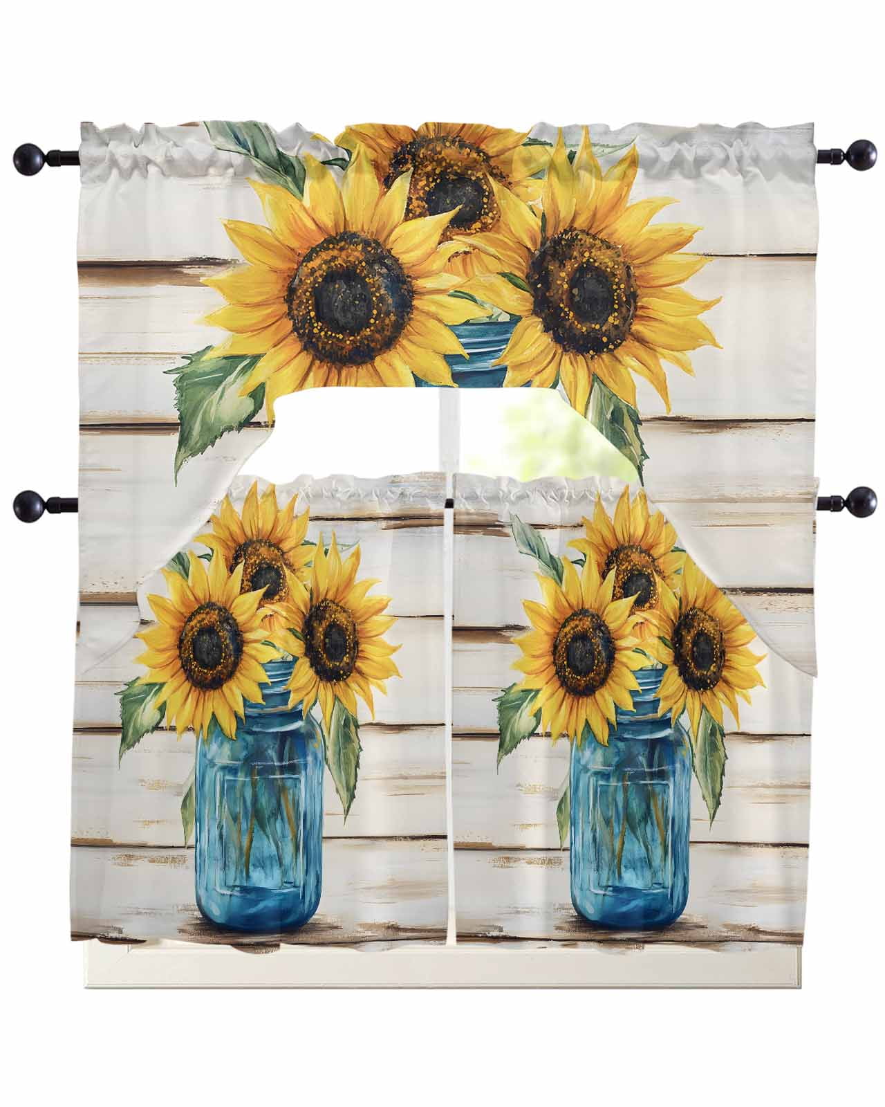 Sunflower Kitchen Curtains Sets 36 Inch Length with Valance, Blue Bottle Yellow Floral Country ...