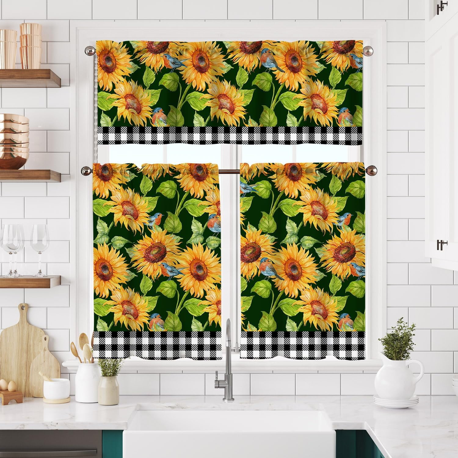 Sunflower Kitchen Curtains Short and Valance Set Floral and Green ...