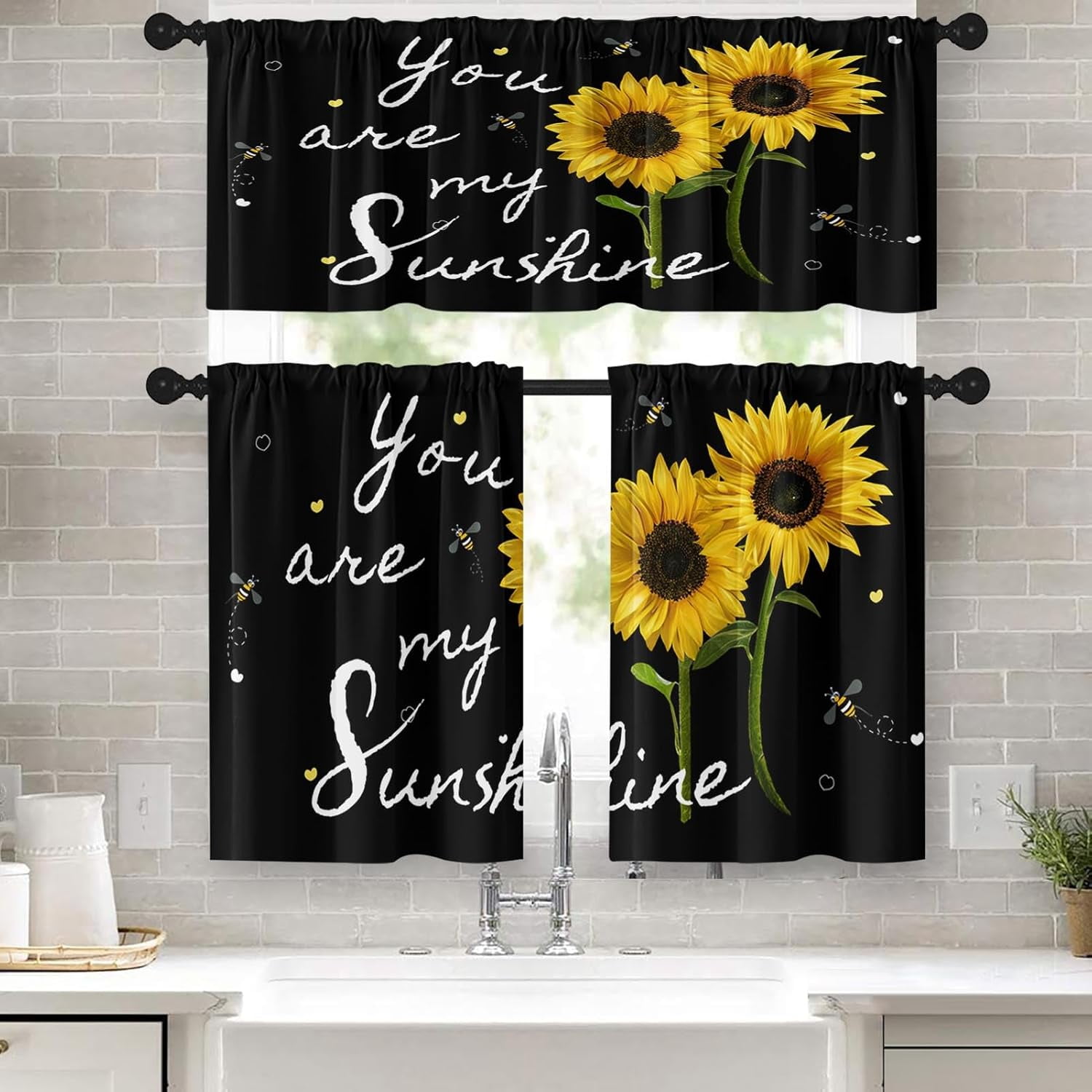 Sunflower Kitchen Curtains Summer Bees Window Curtains Valance and Tier ...