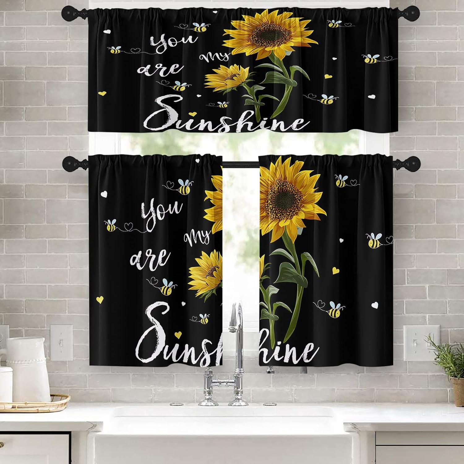 Sunflower Kitchen Curtains Summer Bees Window Curtains and Valances Set ...