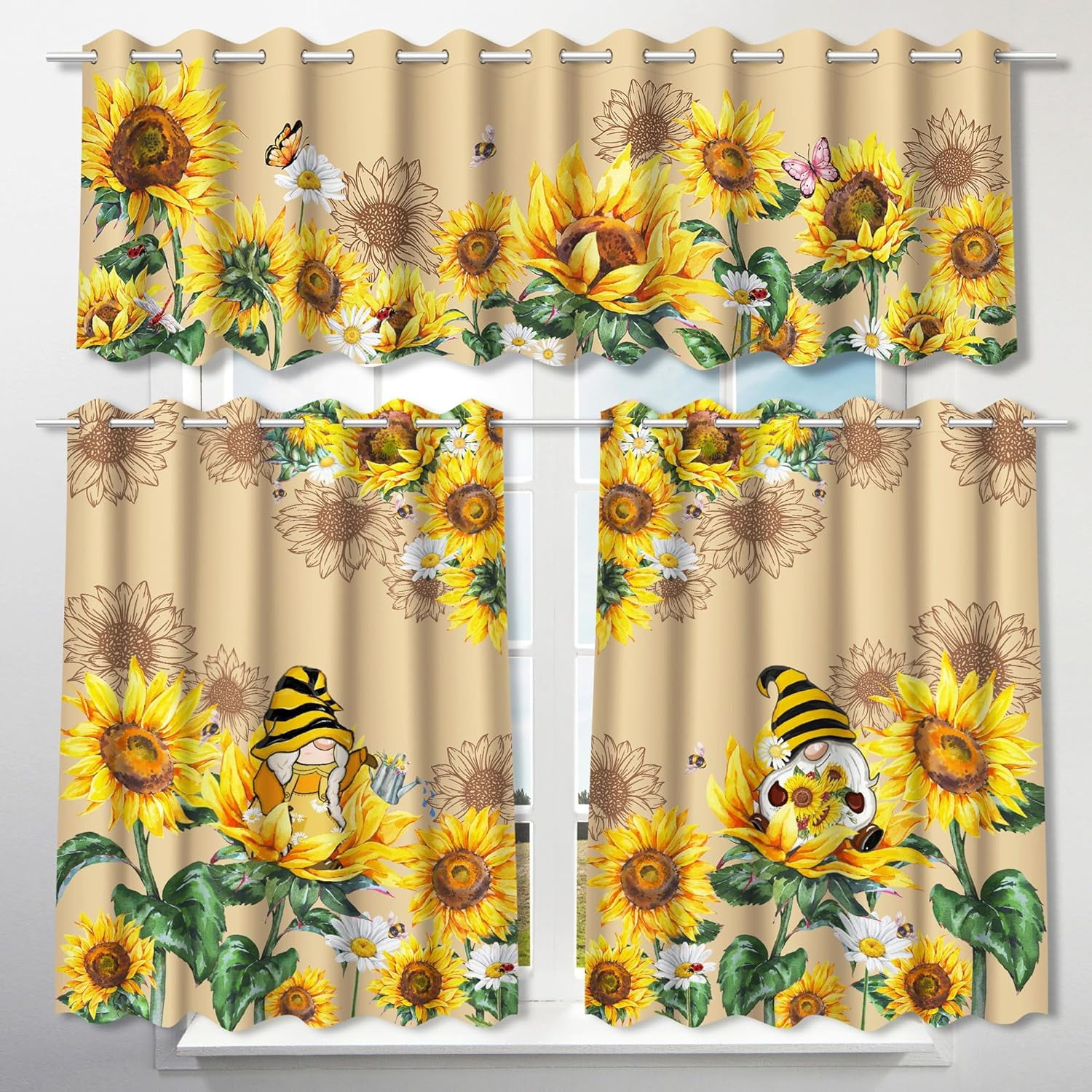 Sunflower Kitchen Curtains, Sunflower Decor Gnomes Valances for Windows ...