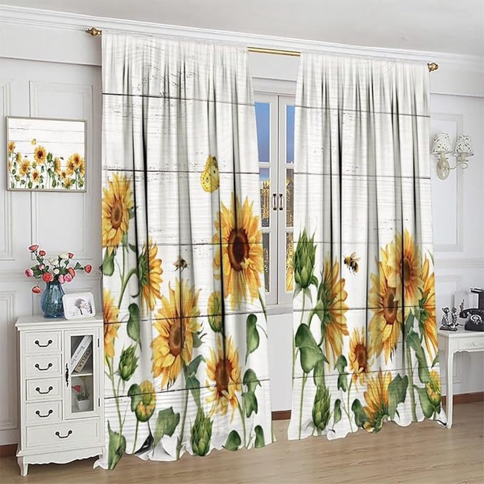 Sunflower Kitchen Curtains,Sunflower Floral Wood Rustic Style Room ...