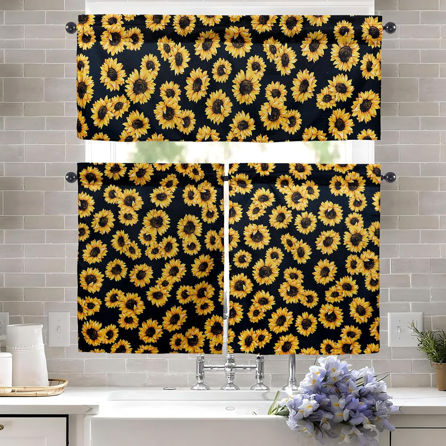 Sunflower Kitchen Curtains and Valances Set - 3 Piece Kitchen Curtains ...