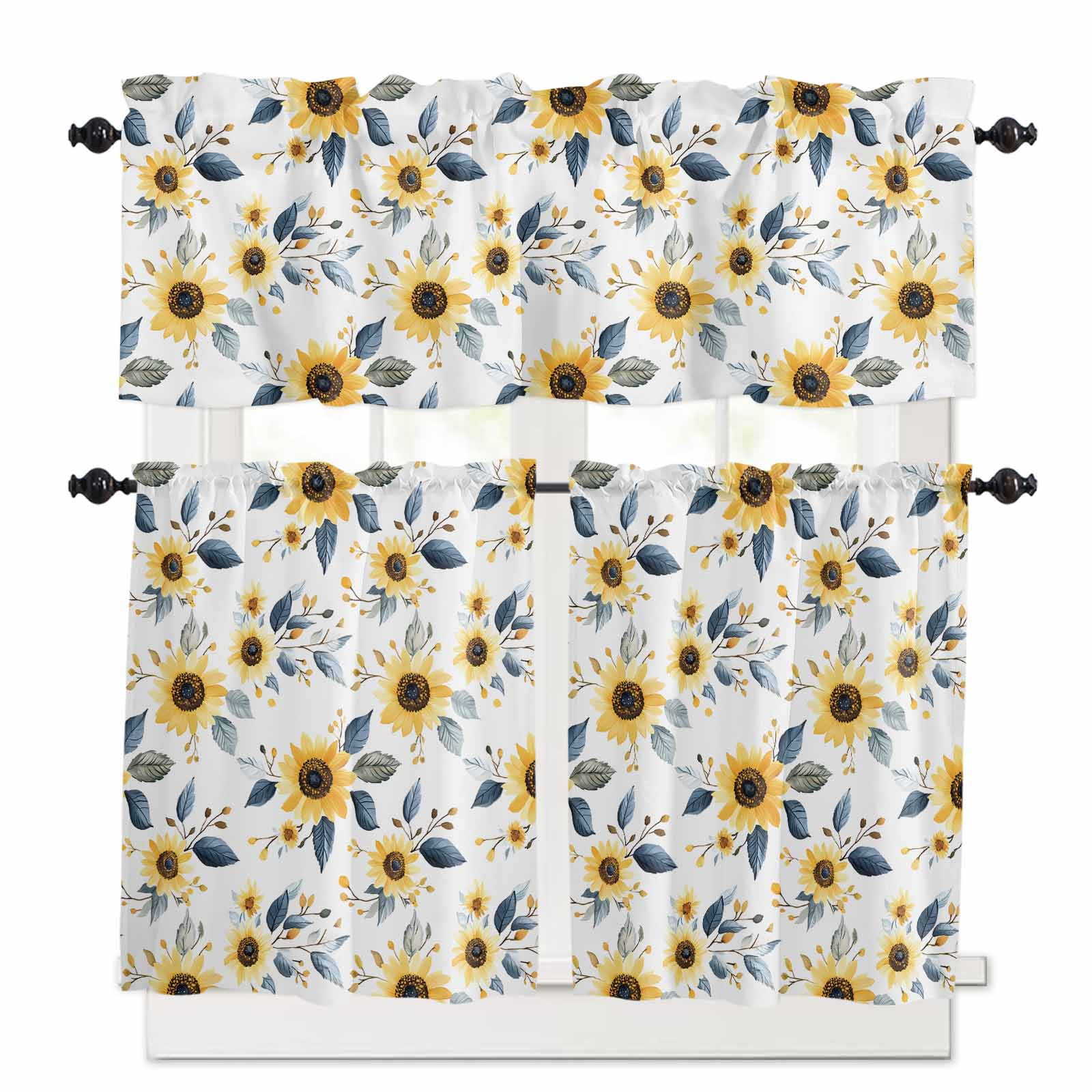 Sunflower Kitchen Curtains and Valances Set, 3 Piece Kitchen Curtains ...