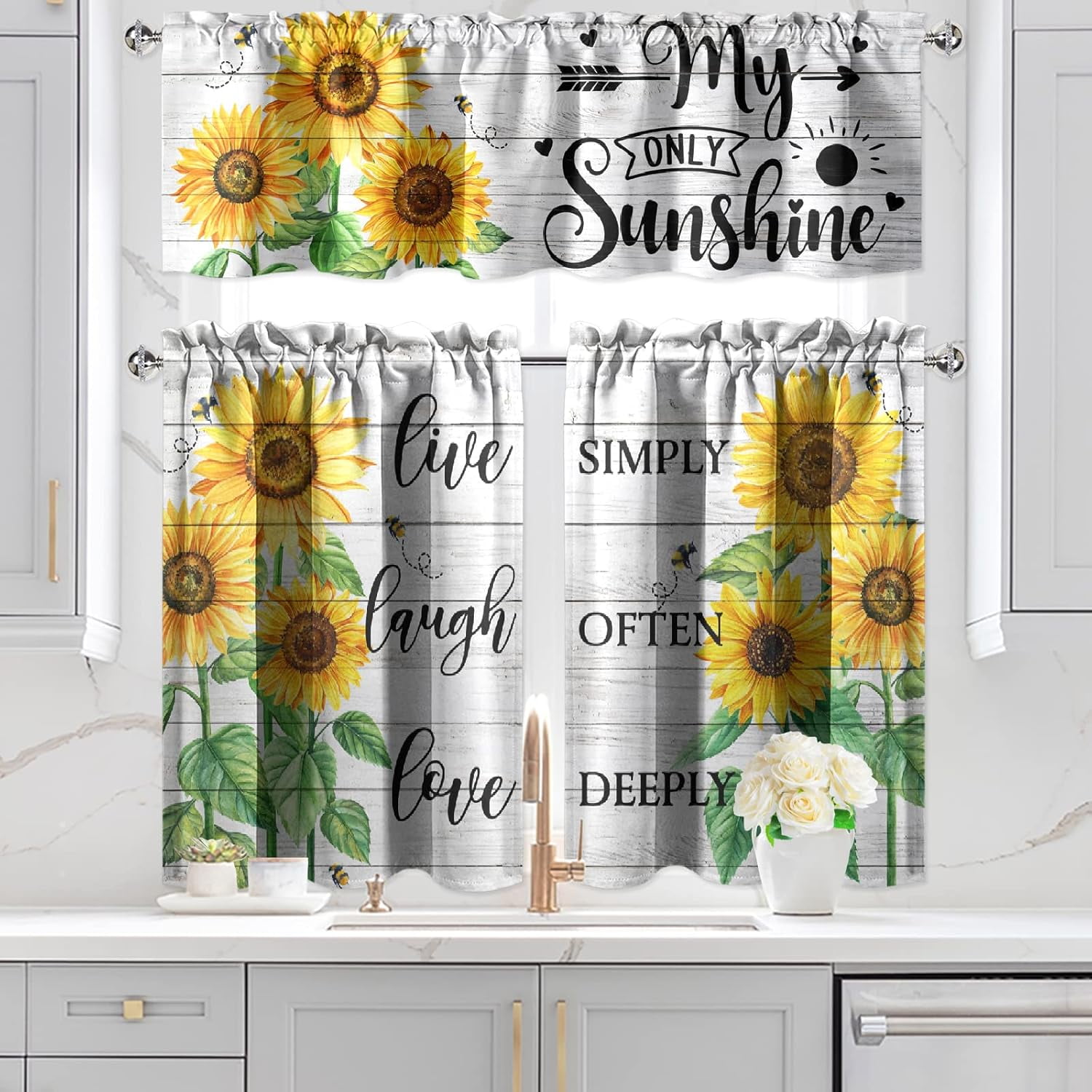 Sunflower Kitchen Curtains and Valances Set 3 Pieces Rustic Wood ...