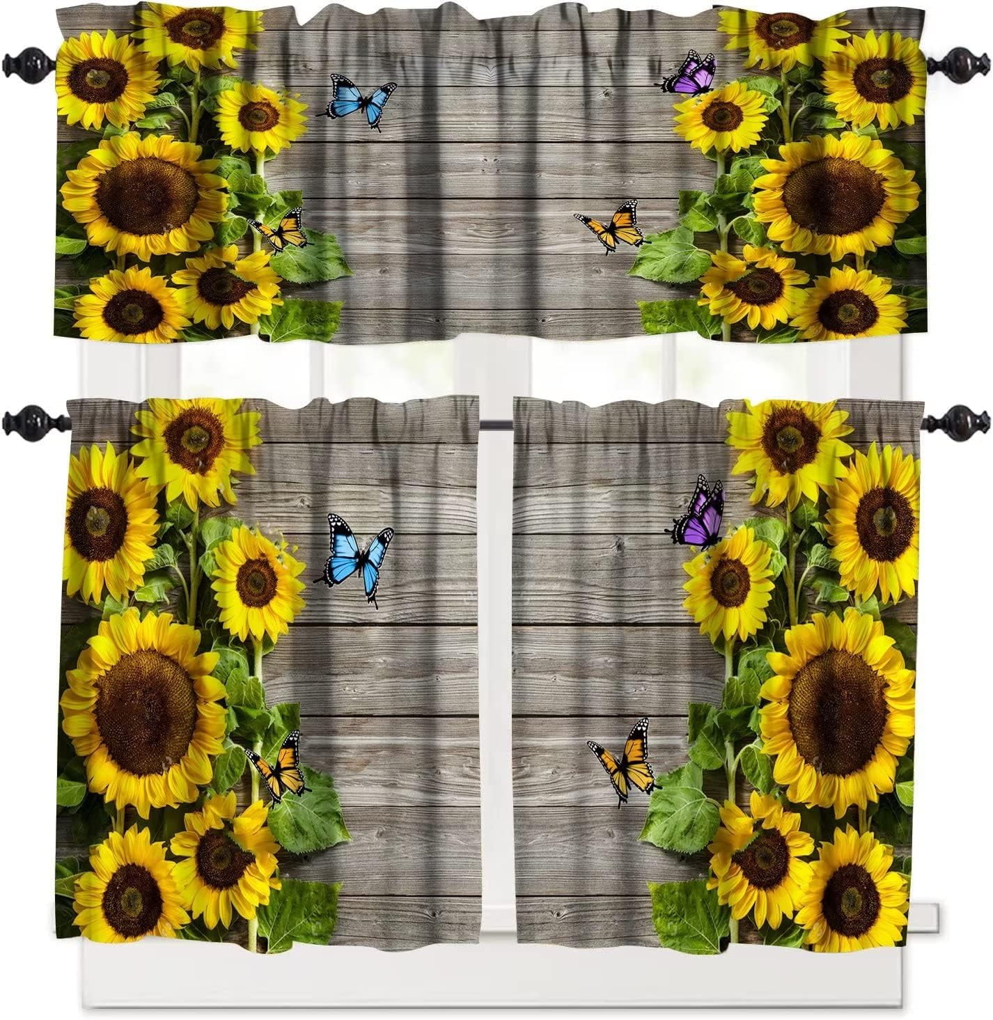 Sunflower Kitchen Curtains and Valances Set Farmhouse Rustic Wood ...