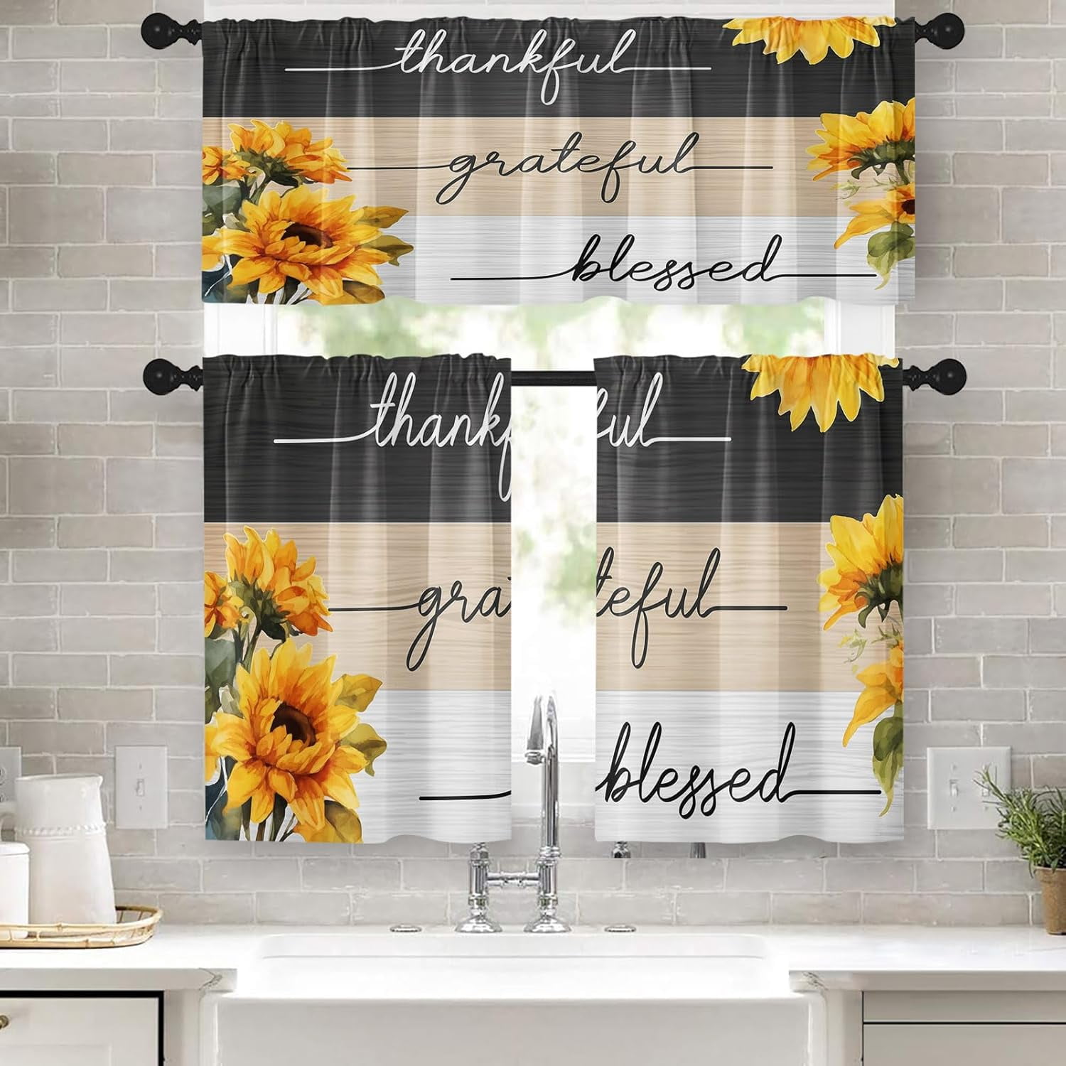 Sunflower Kitchen Curtains Vintage Window Curtains Valance and Tier Set ...