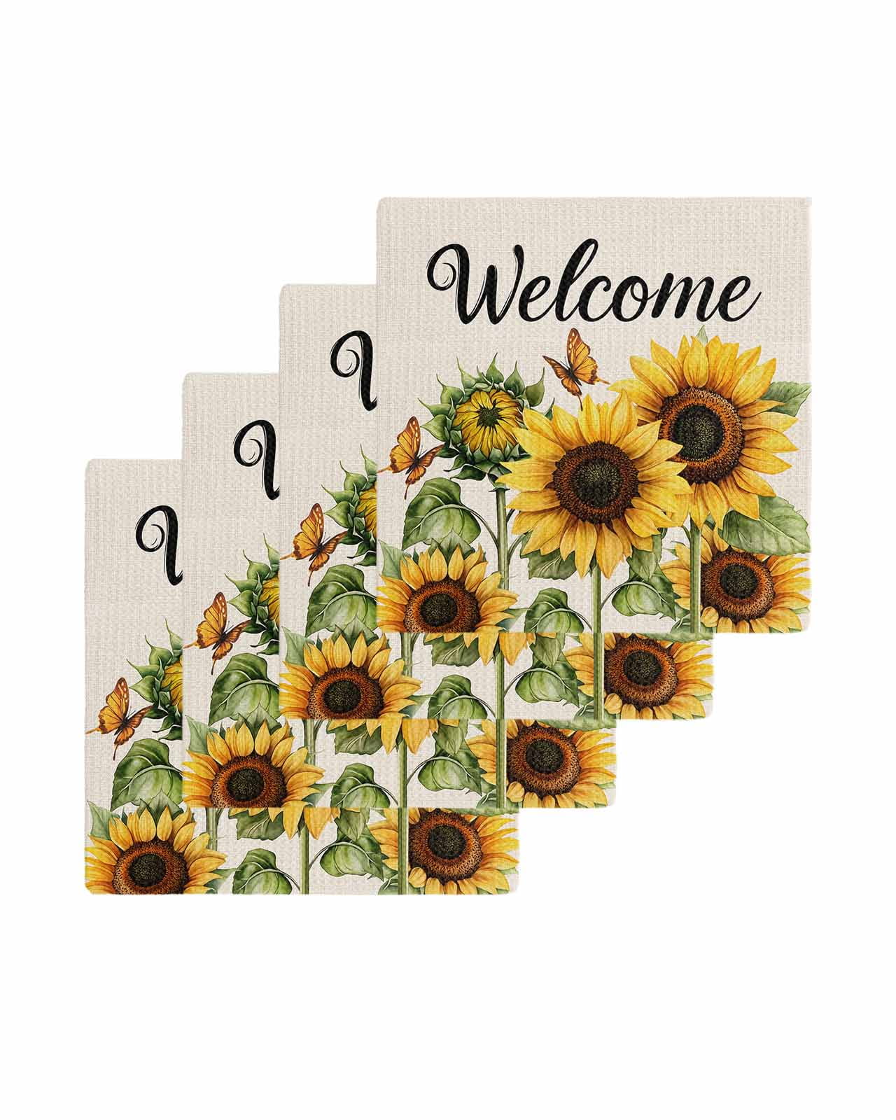 Sunflower Kitchen Dish Towels for Drying Dishes Set of 4, Summer Botanical Floral Rustic Welcome ...