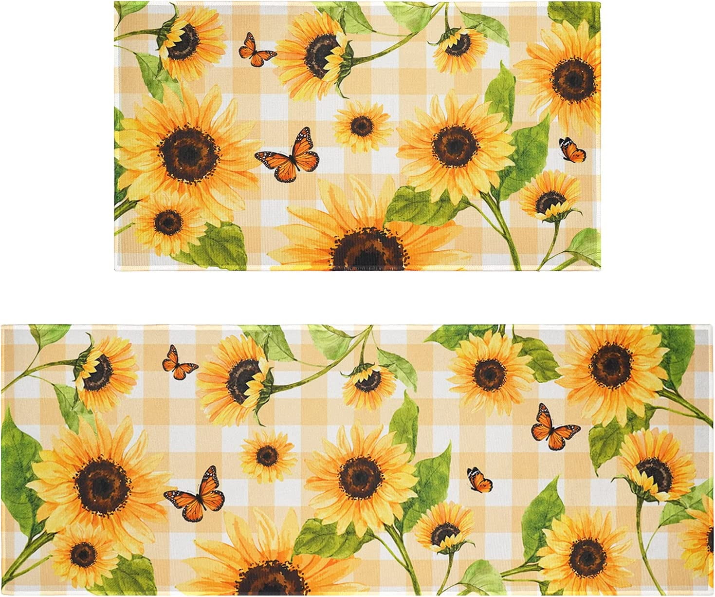 Sunflower Kitchen Mat Rug Set of 2- Plaid Butterfly Kitchen Rugs ...