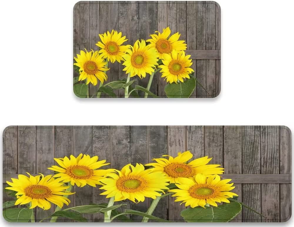 Sunflower Kitchen Mat Set of 2 Yellow Helianthus Brown Fence Wood Board ...
