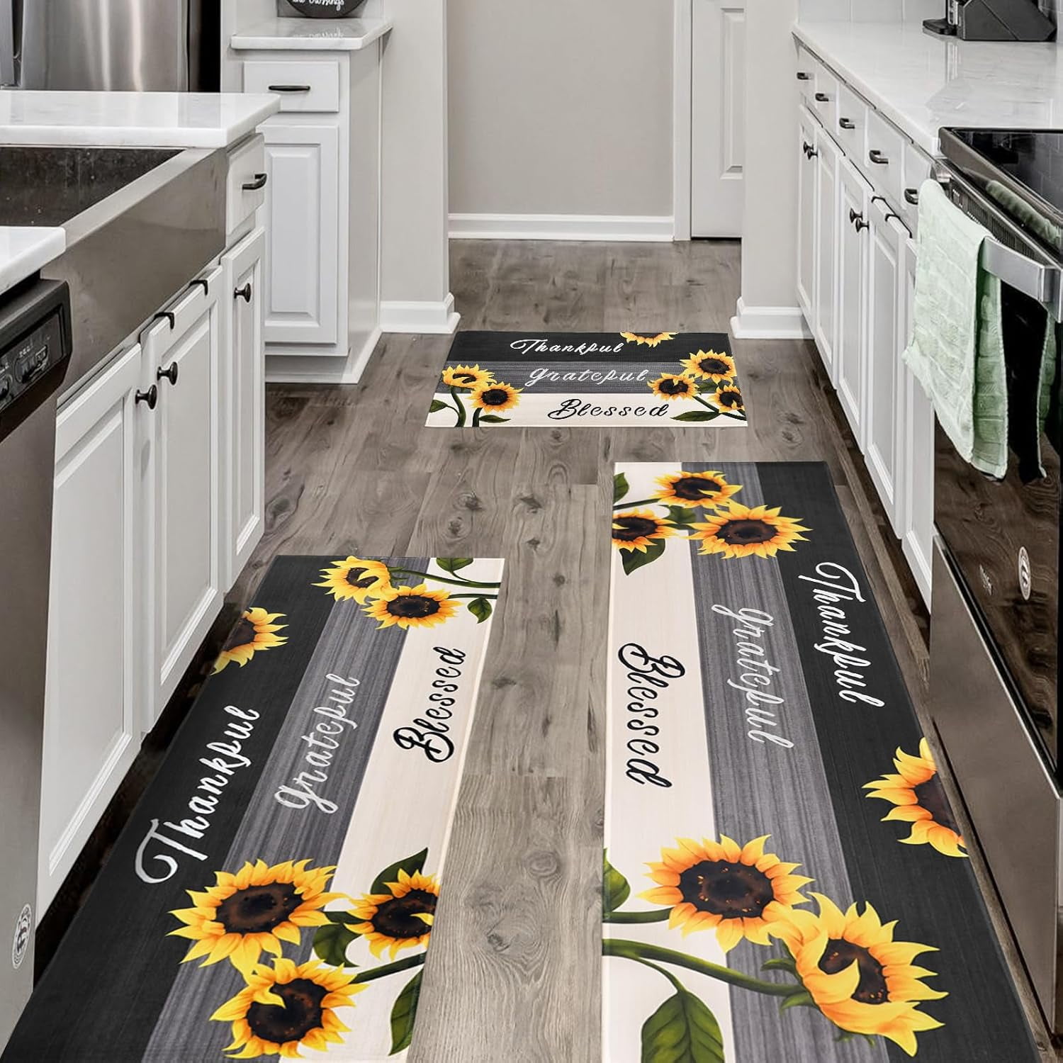 Sunflower Kitchen Mat Set of 3, Yellow Sunflower Kitchen Rugs and Mats ...