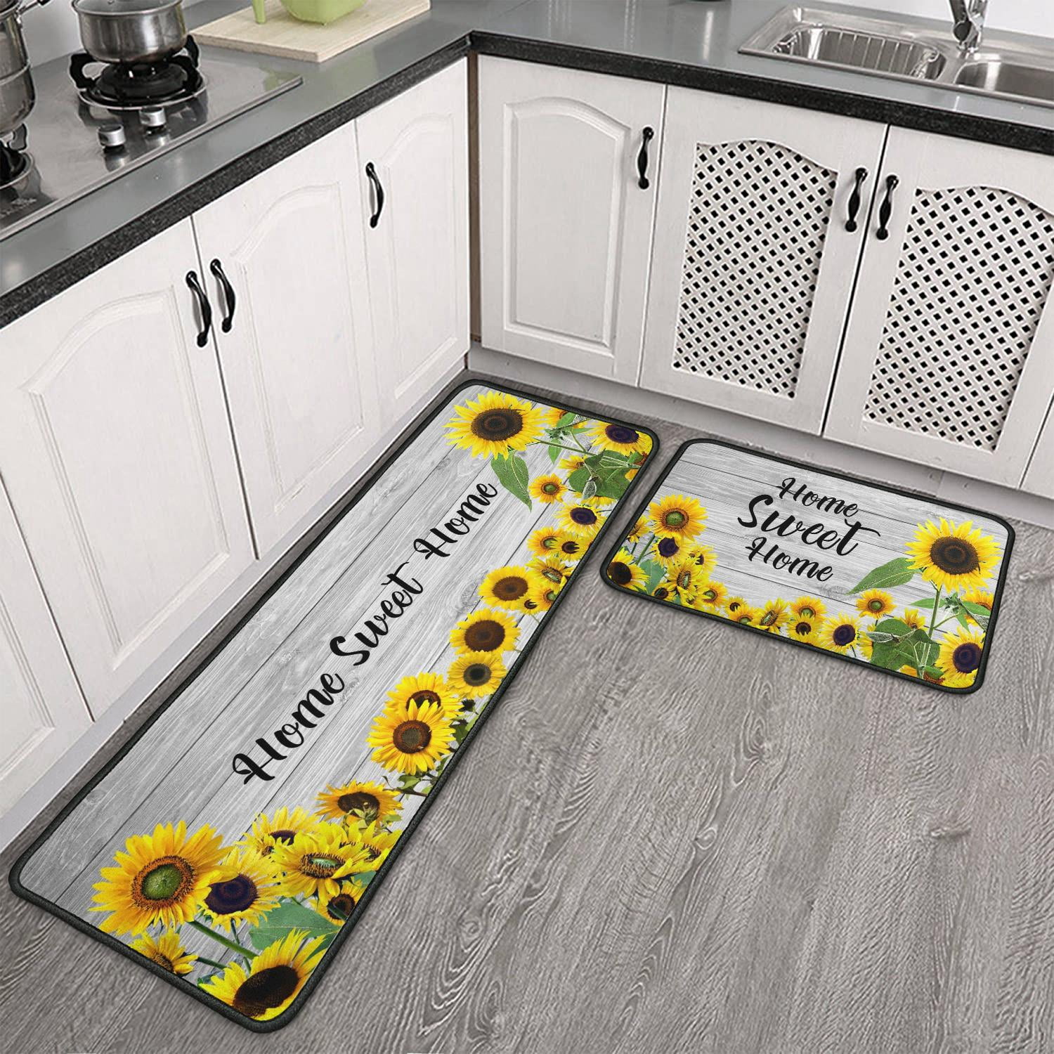Sunflower Kitchen Rug Set of 2, 47x17in and 30x17in, Cushioned Anti ...