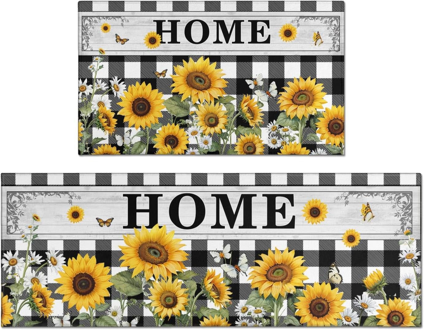 Sunflower Kitchen Rugs, Kitchen Mat Set of 2, Buffalo Plaid Sunflower ...