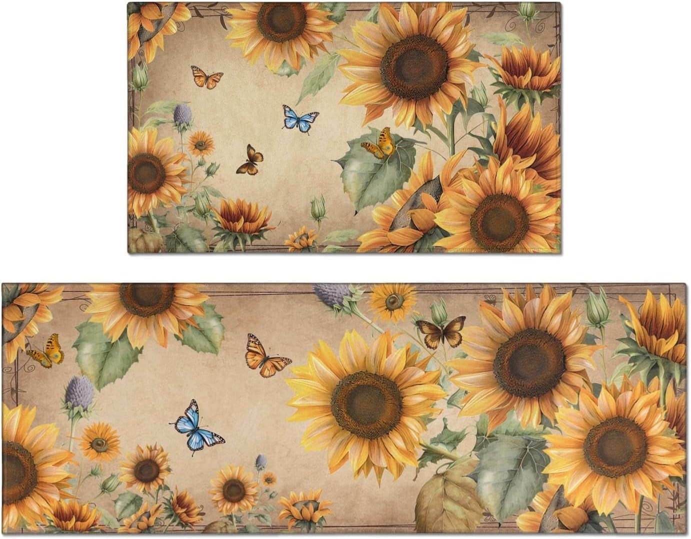 Sunflower Kitchen Rugs, Kitchen Mat Set of 2, Retro Rustic Flower ...