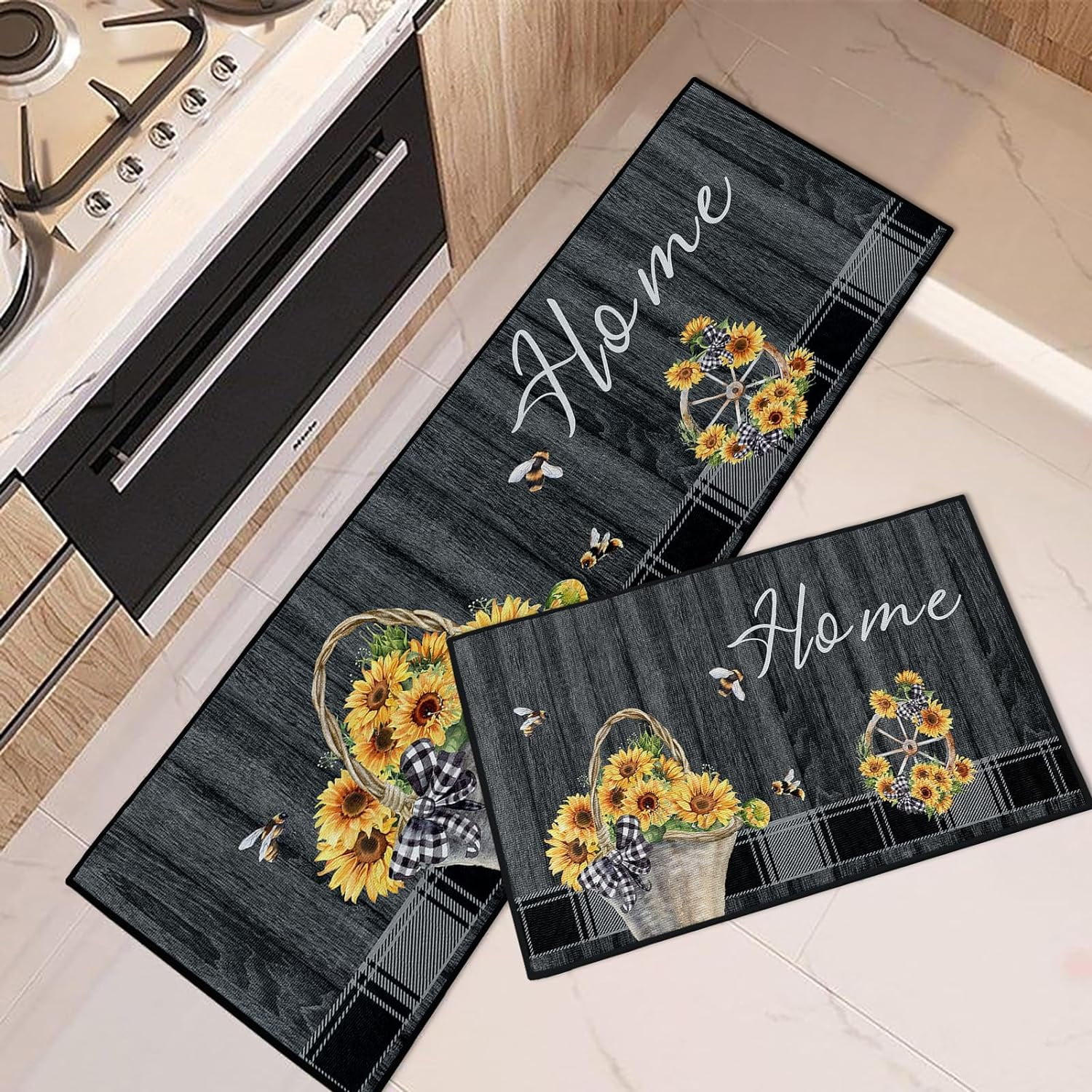 Sunflower Kitchen Rugs and Mats Non Skid Washable Set of 2, Dark Grey ...