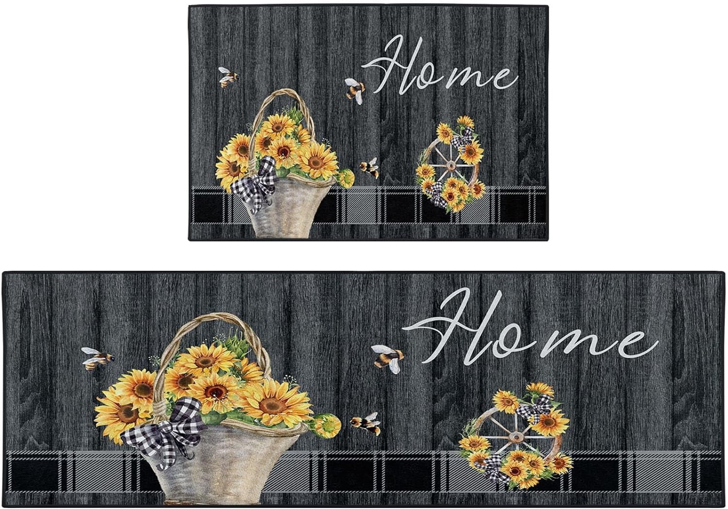 Sunflower Kitchen Rugs and Mats Non Skid Washable Set of 2, Dark Grey ...