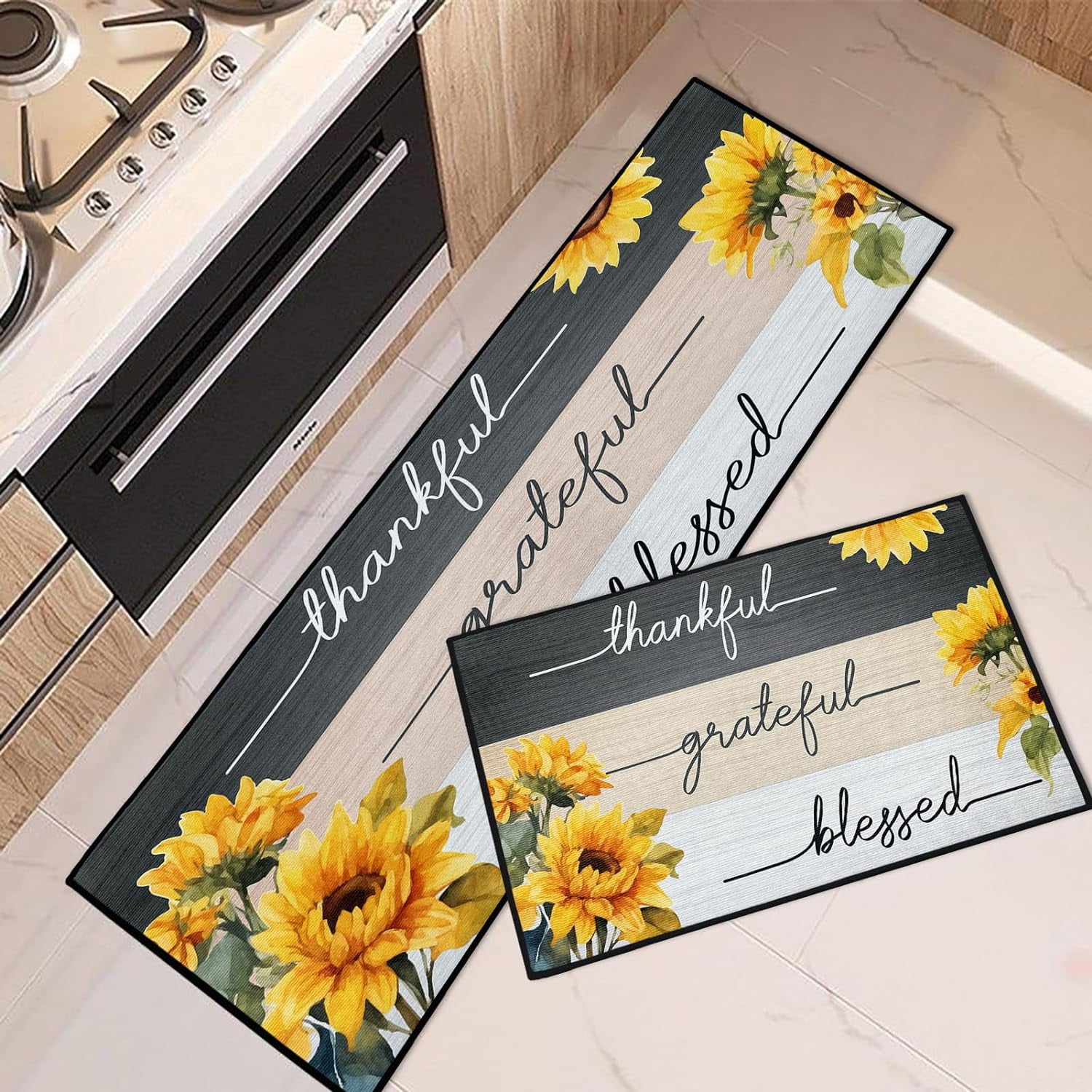 Sunflower Kitchen Rugs and Mats Non Skid Washable Set of 2, Stripes ...