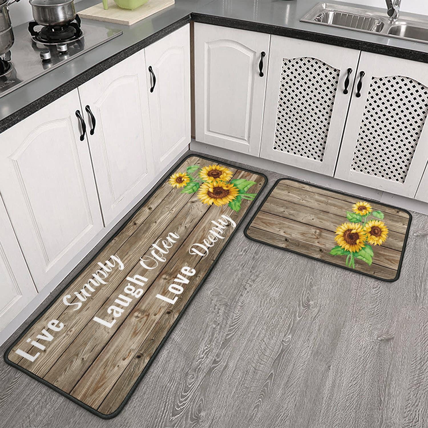 Sunflower Print Kitchen Rugs Set of 2 Non-Slip, Cushioned Runner Rug ...