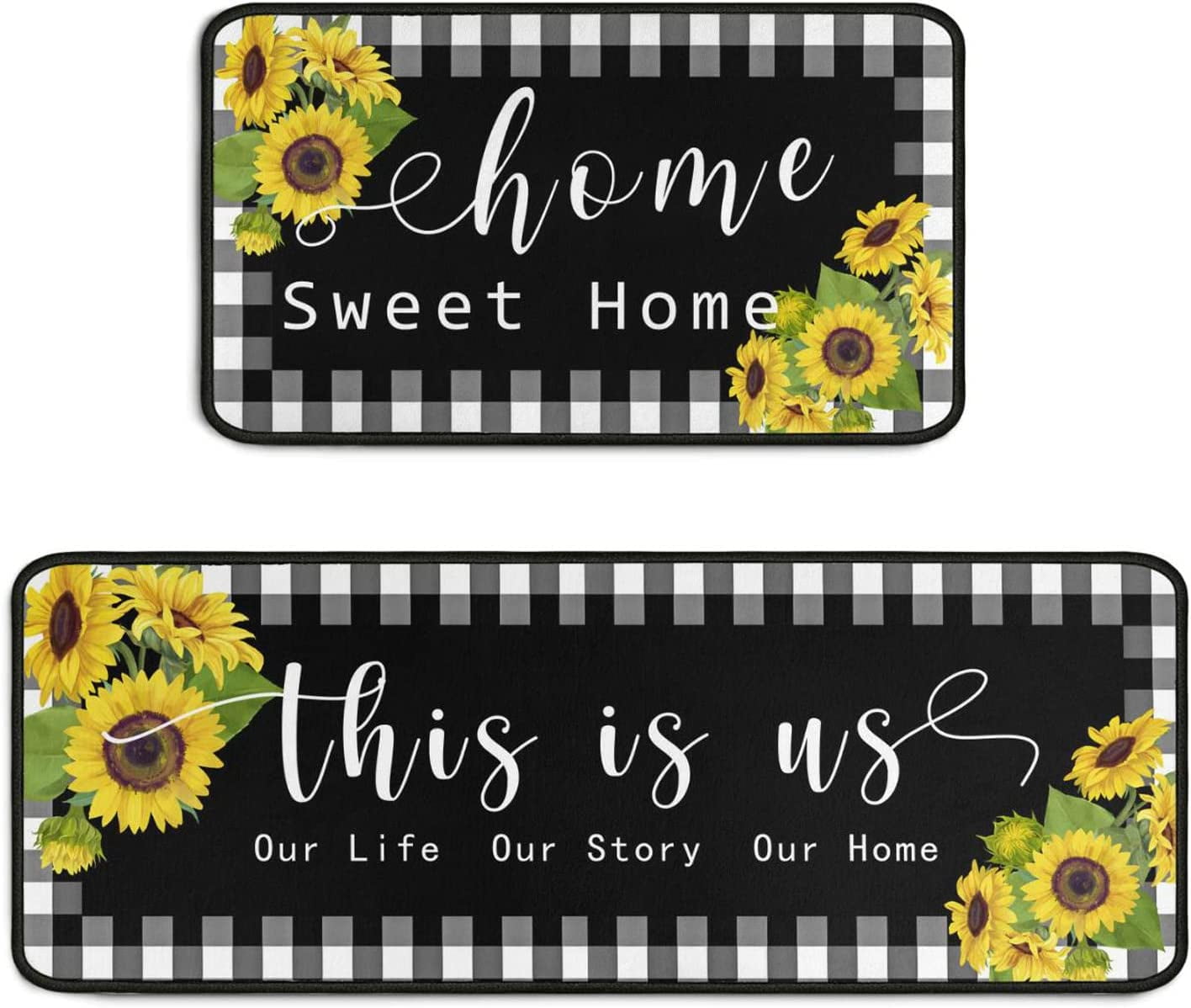 Sunflower Kitchen Rugs Set 2 Pieces Non Skid Black Kitchen Floor Rug ...