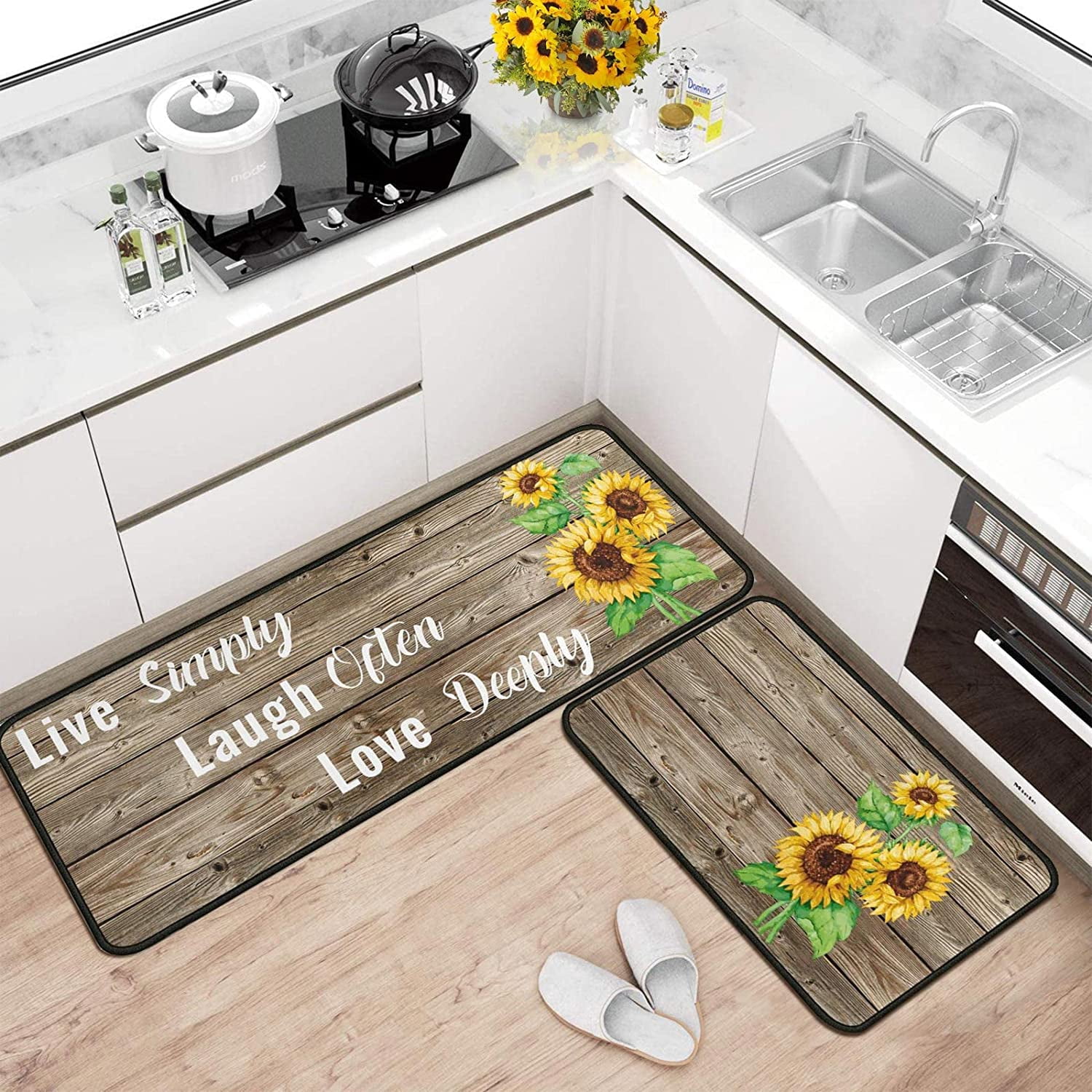 Sunflower Kitchen Rugs Set 2 Pieces Non Skid Kitchen Floor Rug and Mat ...