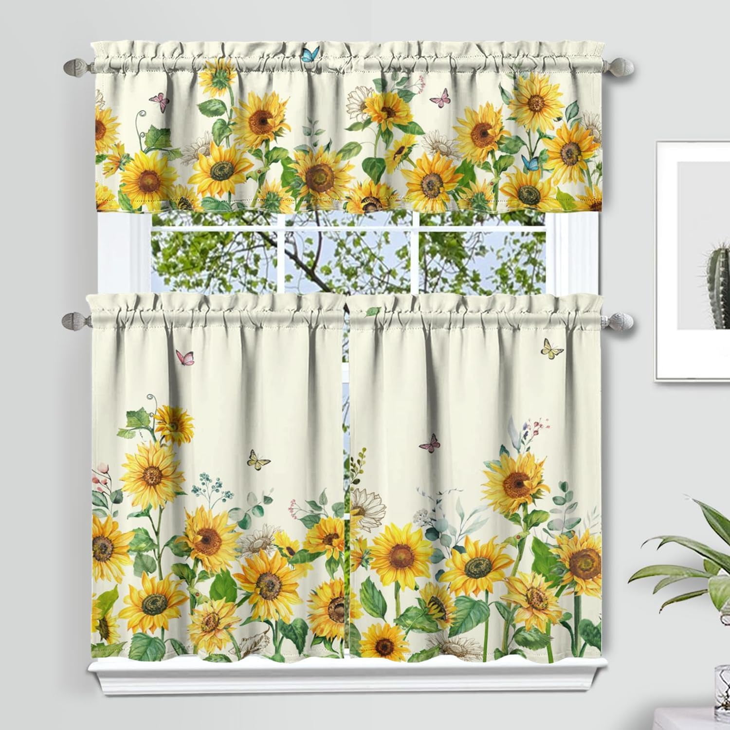 Sunflower Kitchen Valance Three Piece Set, Floral Rustic Farmhouse ...