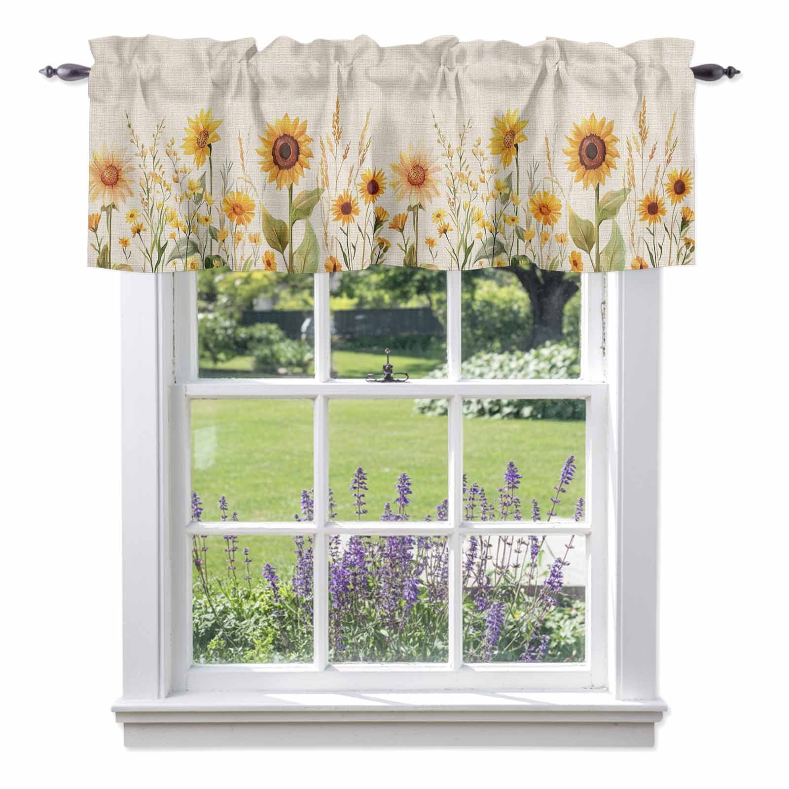 Sunflower Kitchen Valances, Spring Yellow Floral Linen Background Rod ...