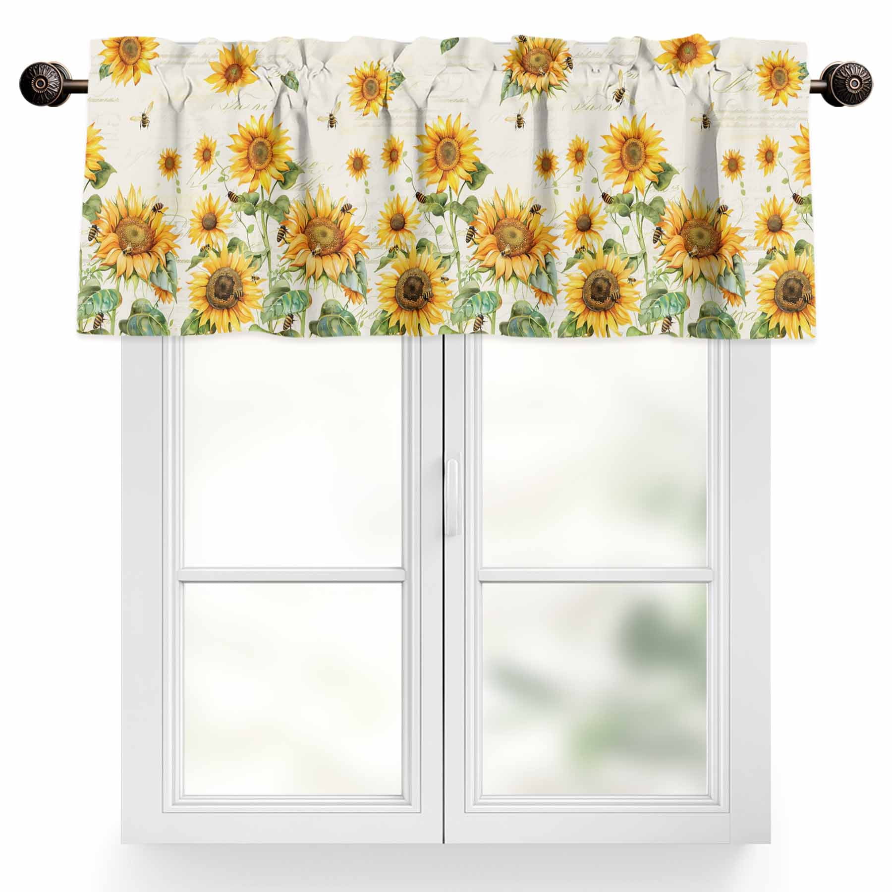 Sunflower Kitchen Valances for Windows Vintage Sunflower Bee Green Leaf ...