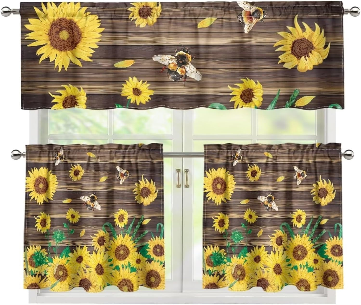Sunflower Kitchen Window Curtain Toppers and Valances Decor Wood Panel ...