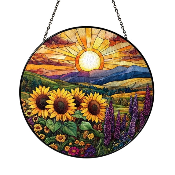 Sunflower Landscape Stained Glass Style Suncatcher, Mountain Sunrise ...
