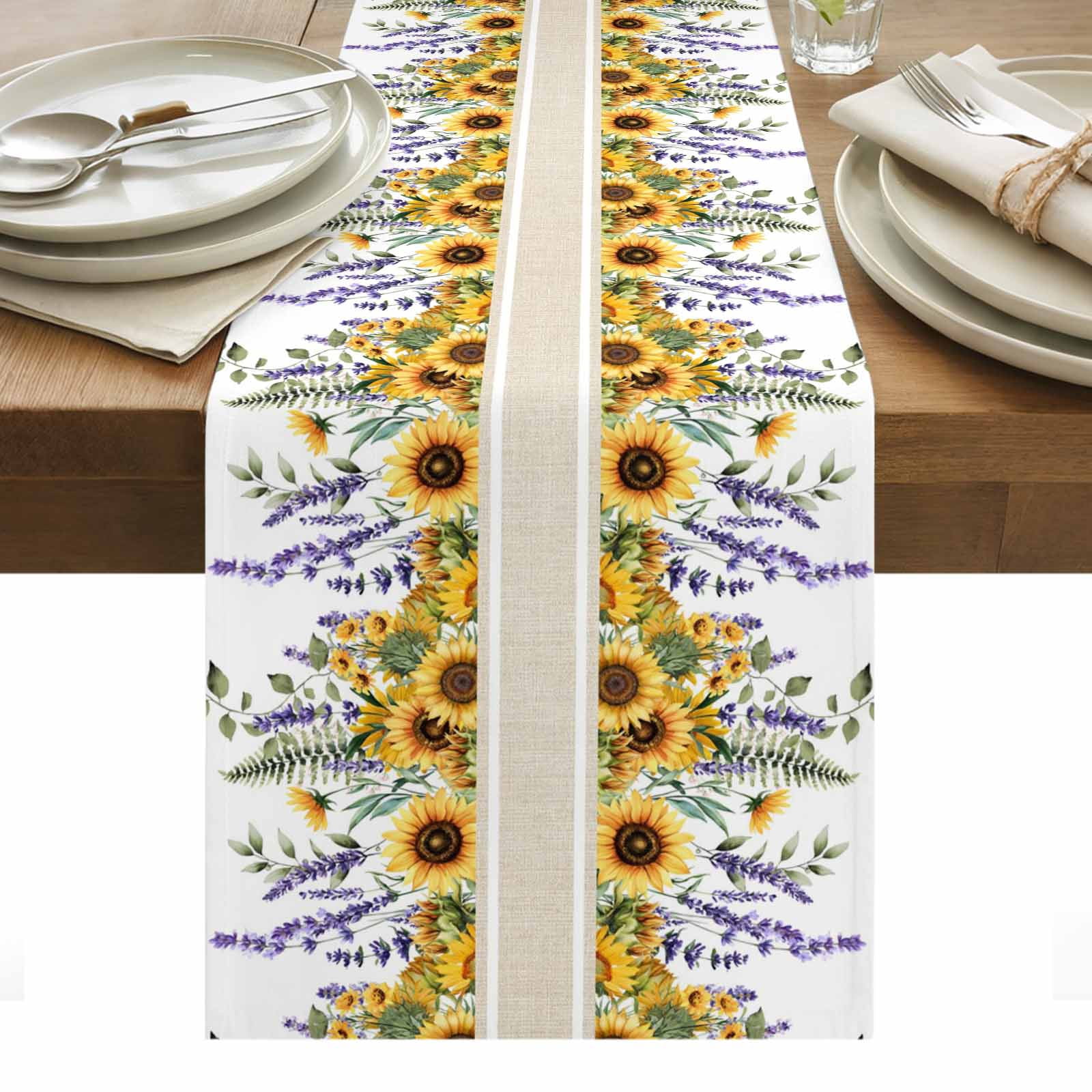 Sunflower Lavender Table Runner Retro Green Eucalyptus Leaf Yellow ...