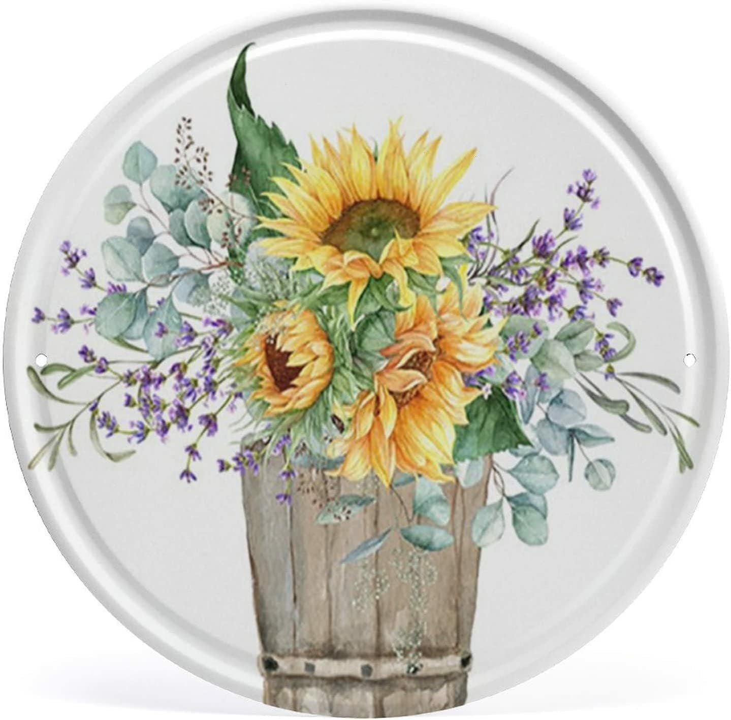 Sunflower and Lavender Vintage Style Round Tin Signs Wreath Welcome ...