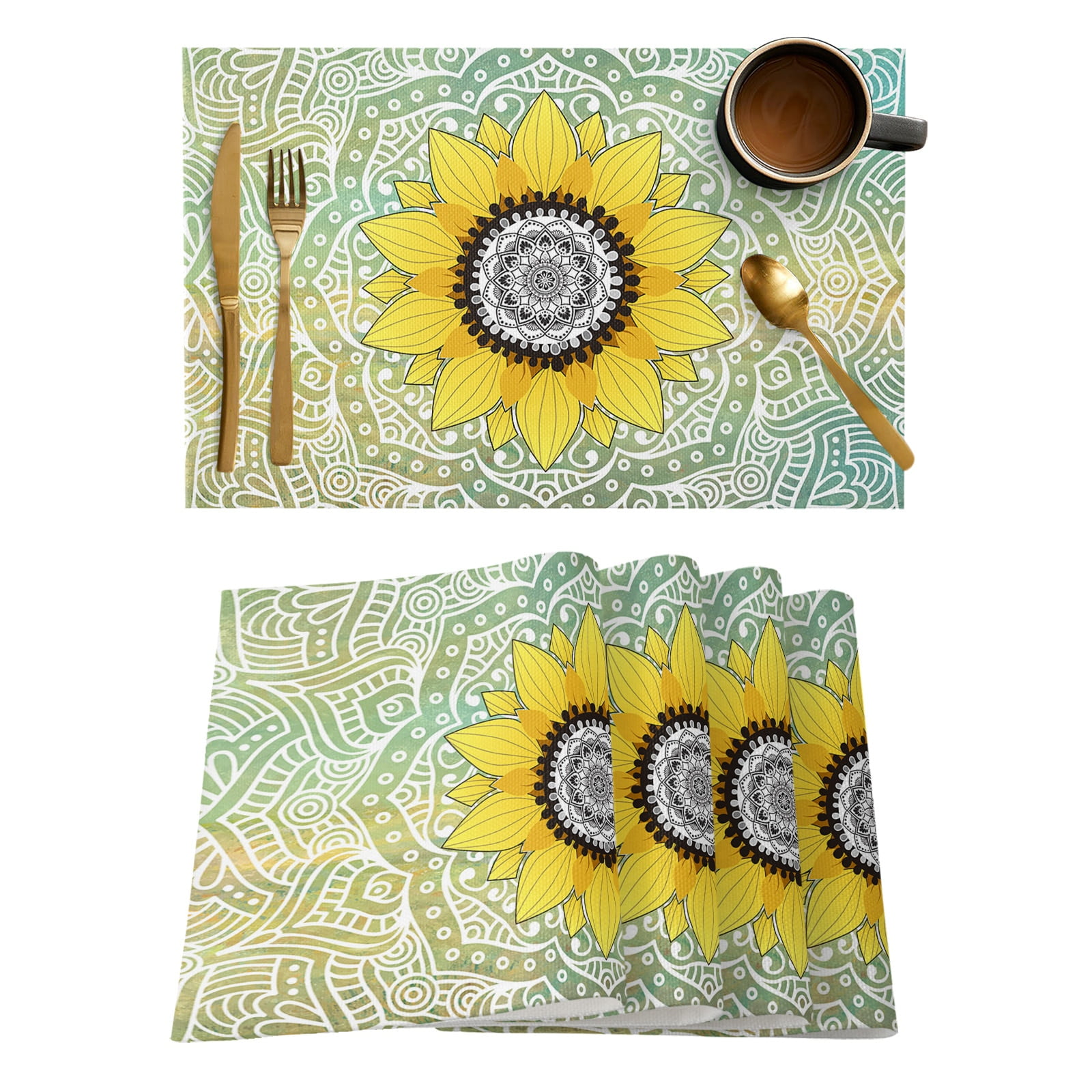 Sunflower Mandala Green Placemat for Dining Table Tableware Mats 4/6pcs ...