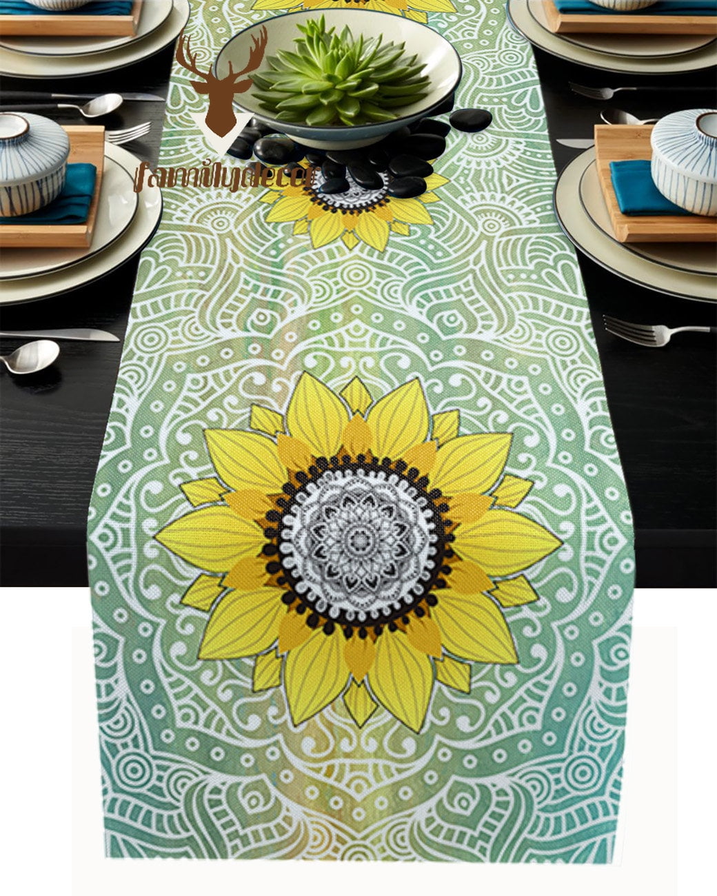 Sunflower Mandala Green Table Runner Luxury Home Dining Table Coffee ...