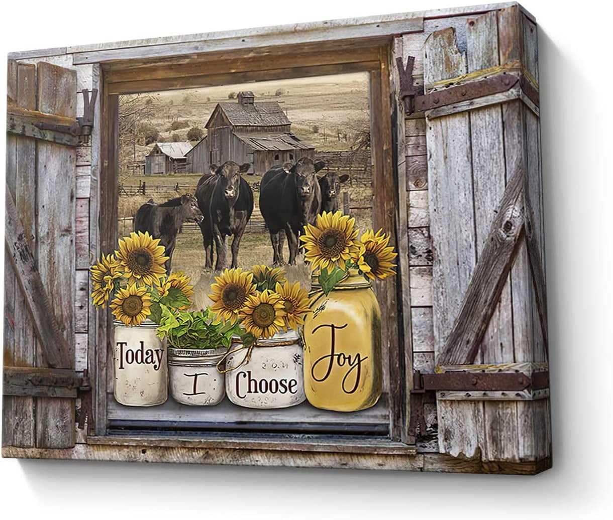 Sunflower Mason Jars Wall Art, Rustic Farm Decor, Angus Cows Kitchen ...