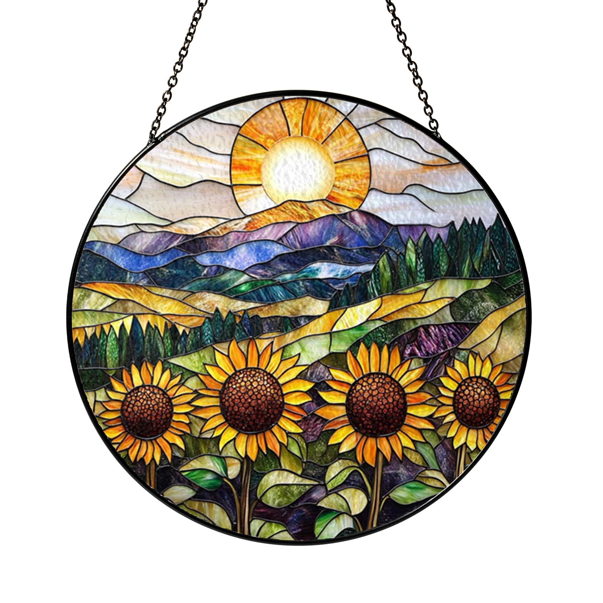 Sunflower Meadow Mountain Stained Glass Style Suncatcher – Nature ...