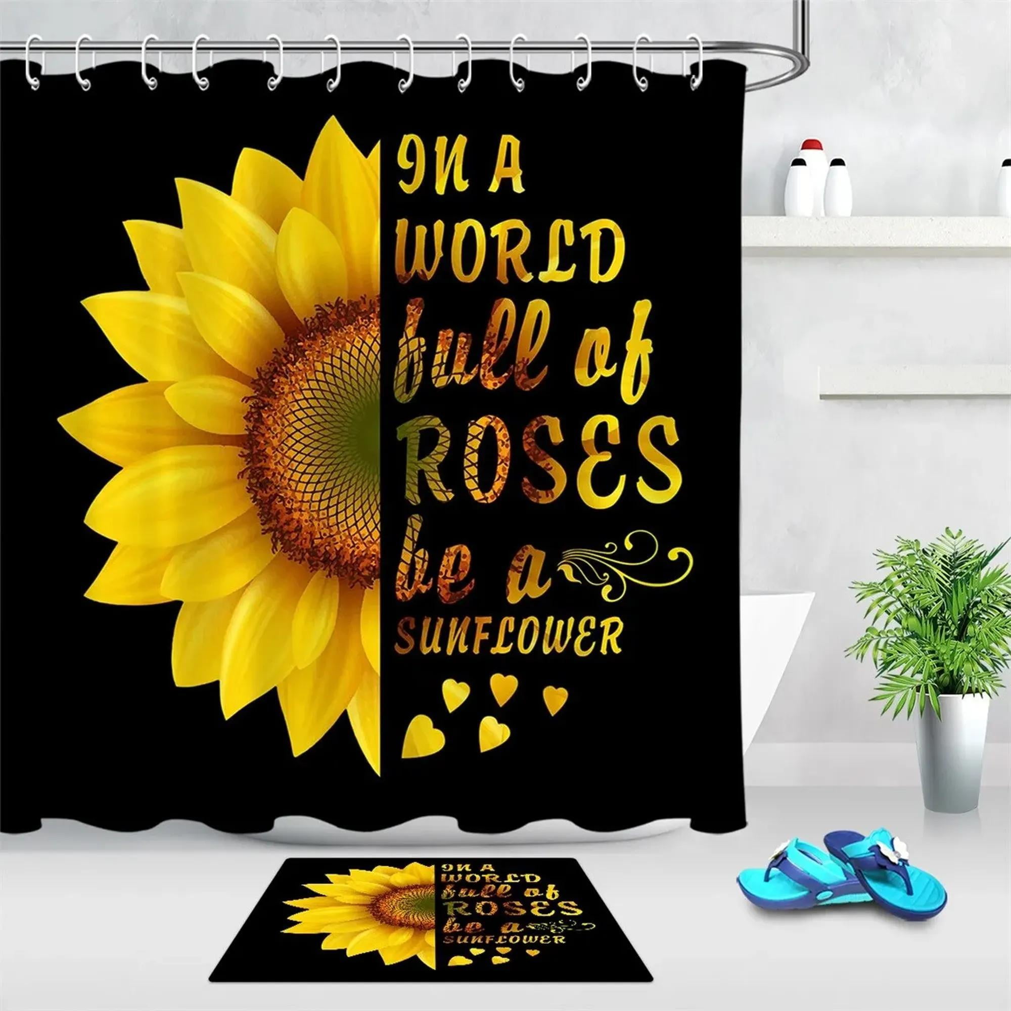Sunflower Motivational Quotes Shower Curtain Bright Yellow And Black