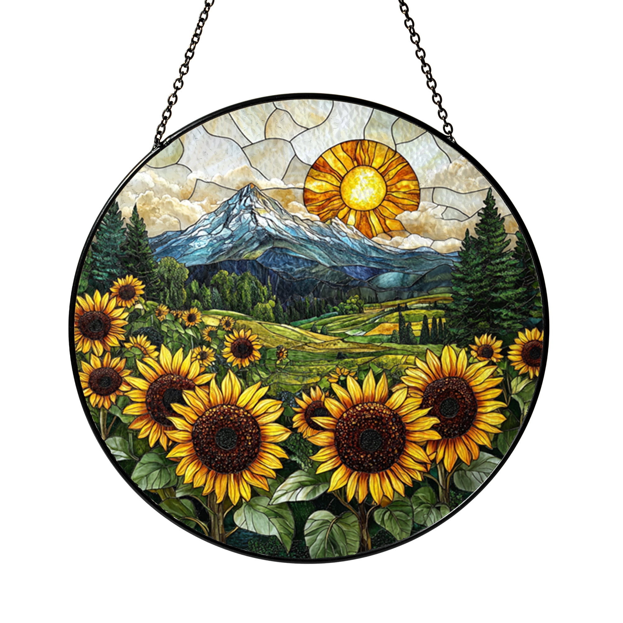 Sunflower Mountain Window Decor – Stained Glass Style Hanging Art ...