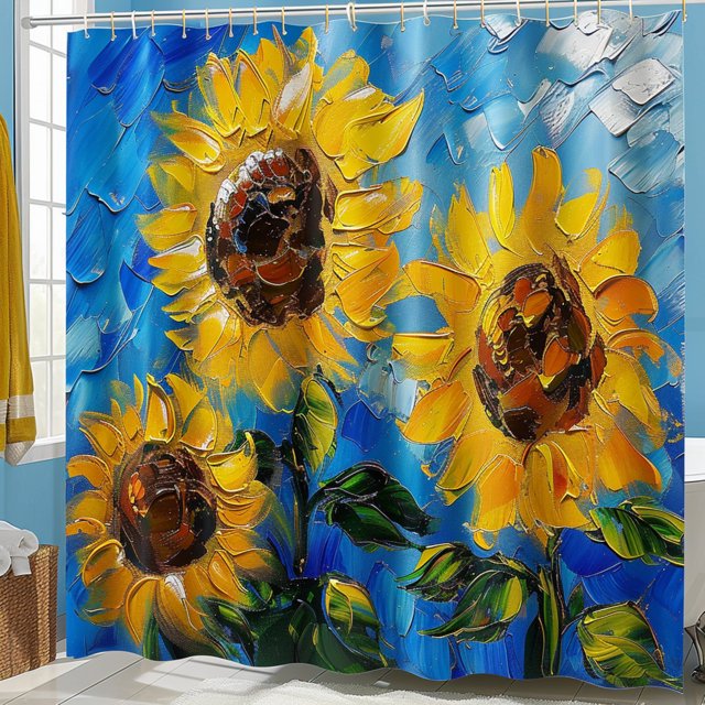 Sunflower Oil Painting Style Shower Curtain with Bright Blue Background ...