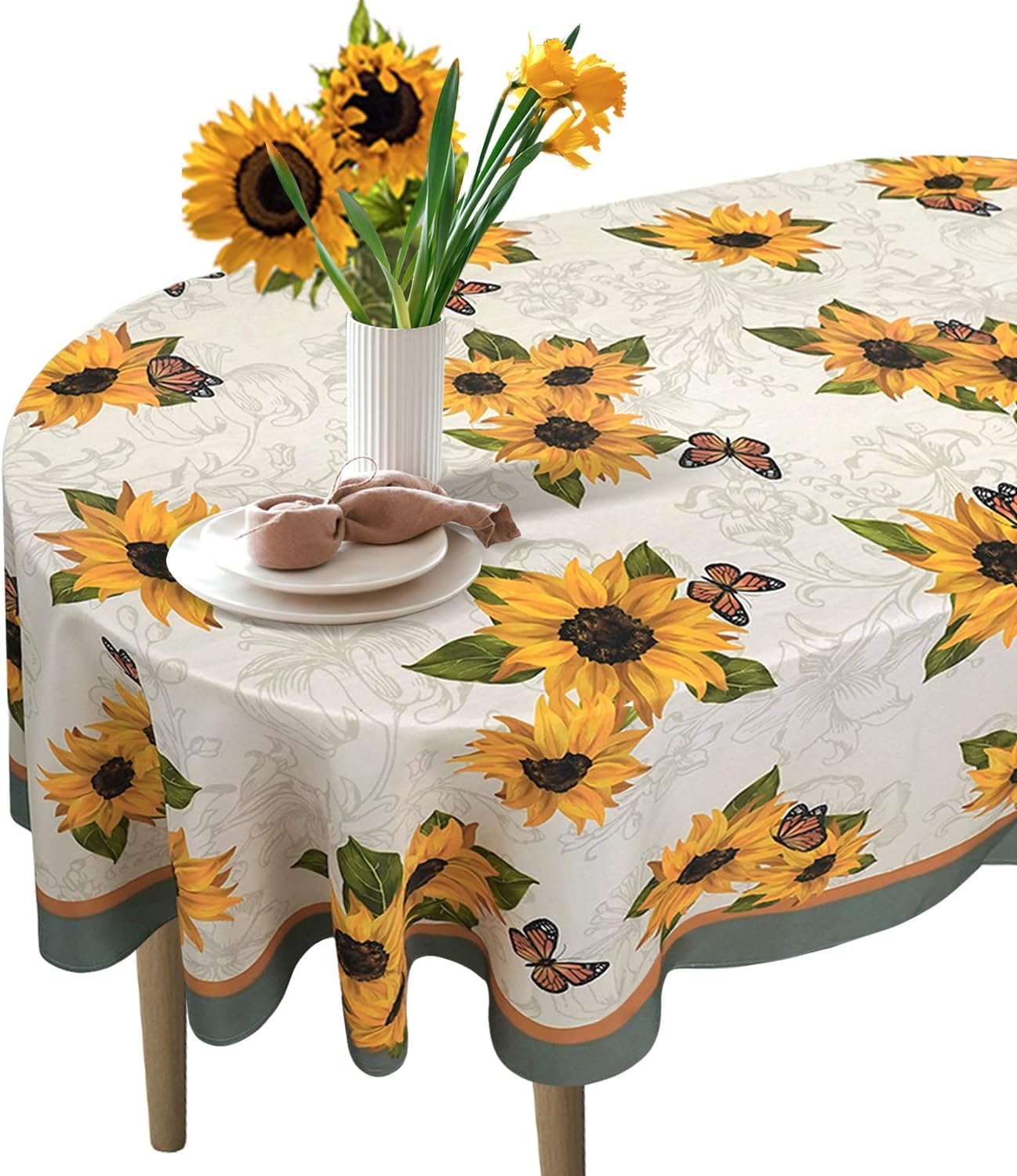 Sunflower Oval Tablecloth 60 x 84, Vintage Floral Tablecloth Table ...