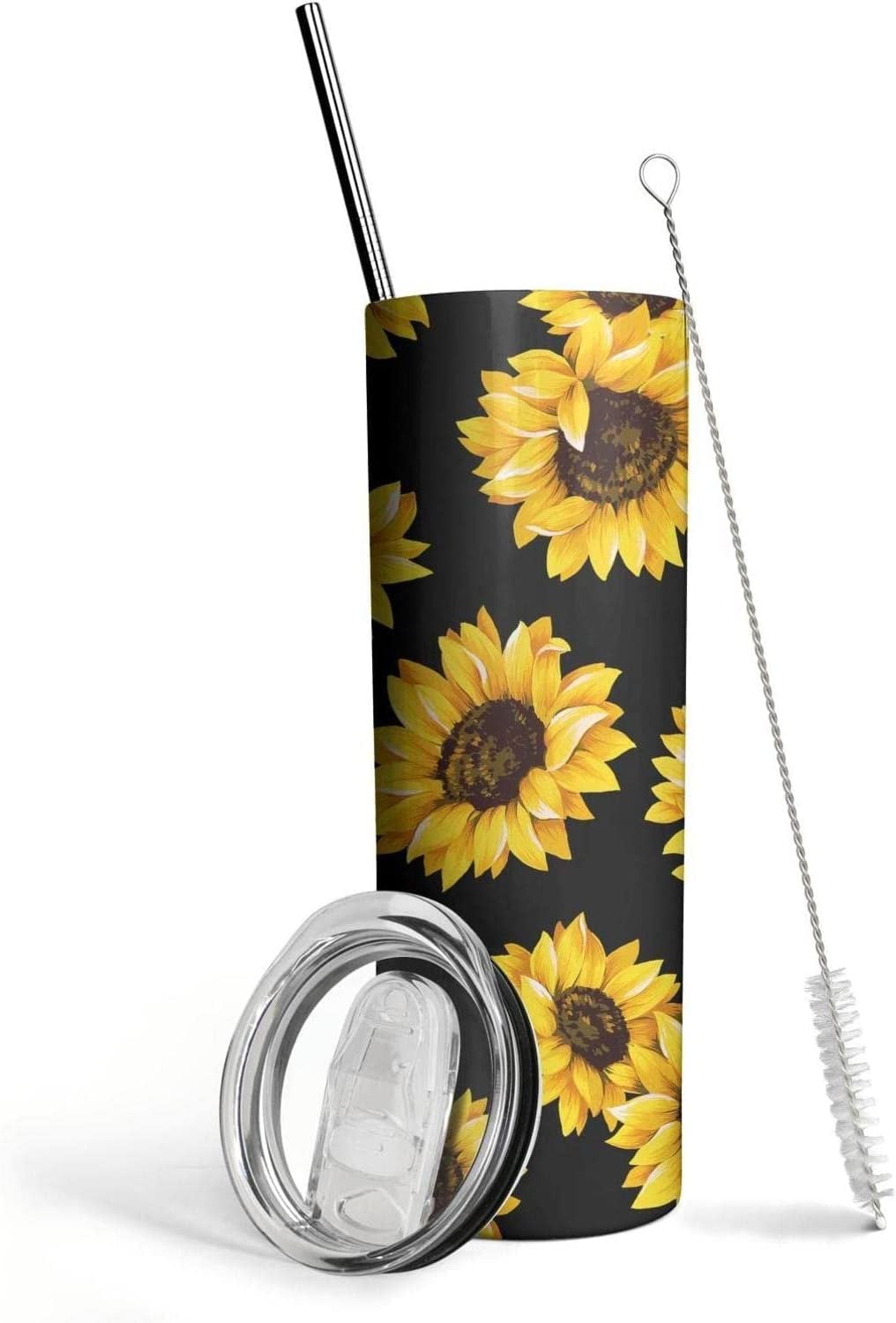 Sunflower Pattern Black Background Tumblers 20 OZ White Pattern Travel ...