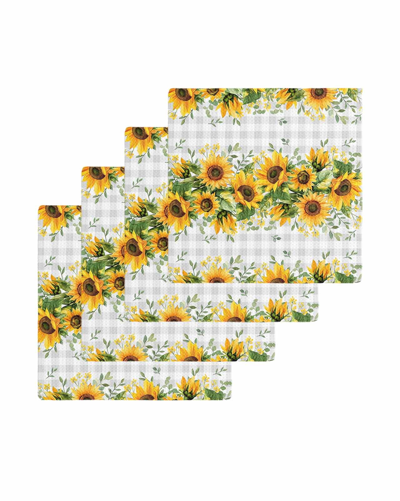 Sunflower Plaid Kitchen Dish Towels for Drying Dishes Set of 4, Retro Yellow Green Floral Leaf ...