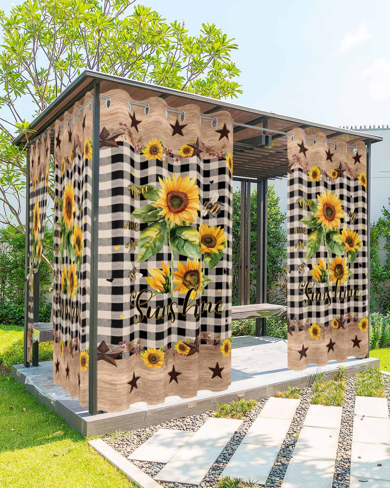 Sunflower Plaid Outdoor Curtains for Patio Waterproof,Country Sunshine ...