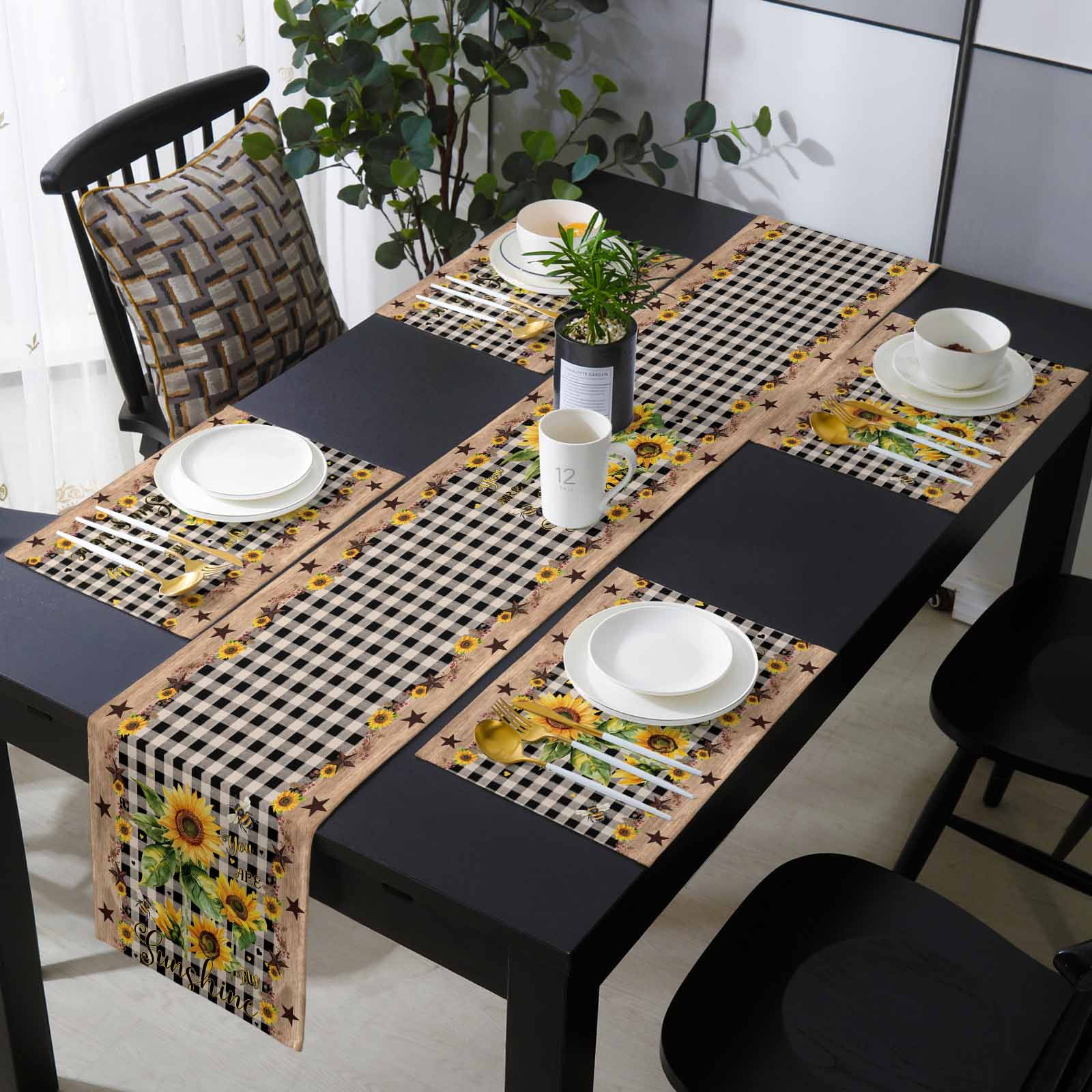 Sunflower Plaid Placemats Set of 6 with 72 Inches Long Table Runners,Country Sunshine Star ...