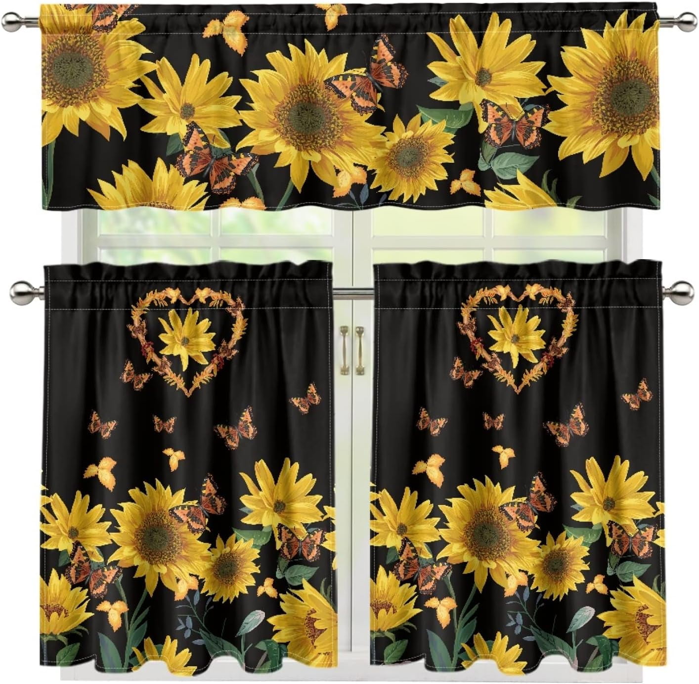 Sunflower Print Kitchen Curtain Valance and Tiers Set of 3 Window ...