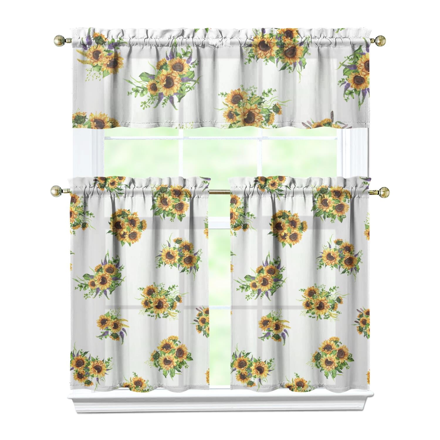 Sunflower Print Kitchen Curtains 3-Piece Set - Vintage Rustic Rod ...