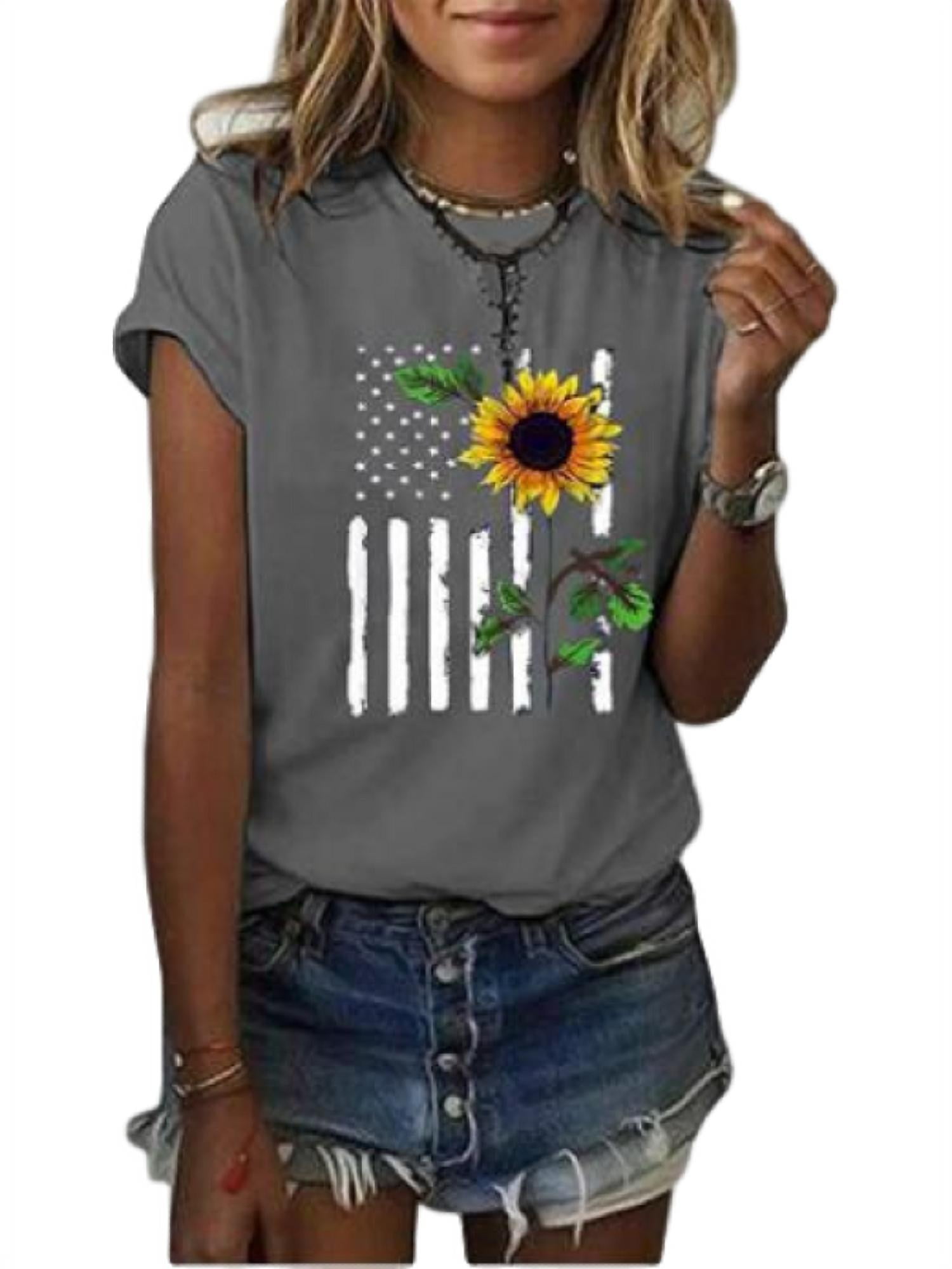 Sunflower Print Short Sleeves Women Plus Size Shirt Graphic Tops Tees ...