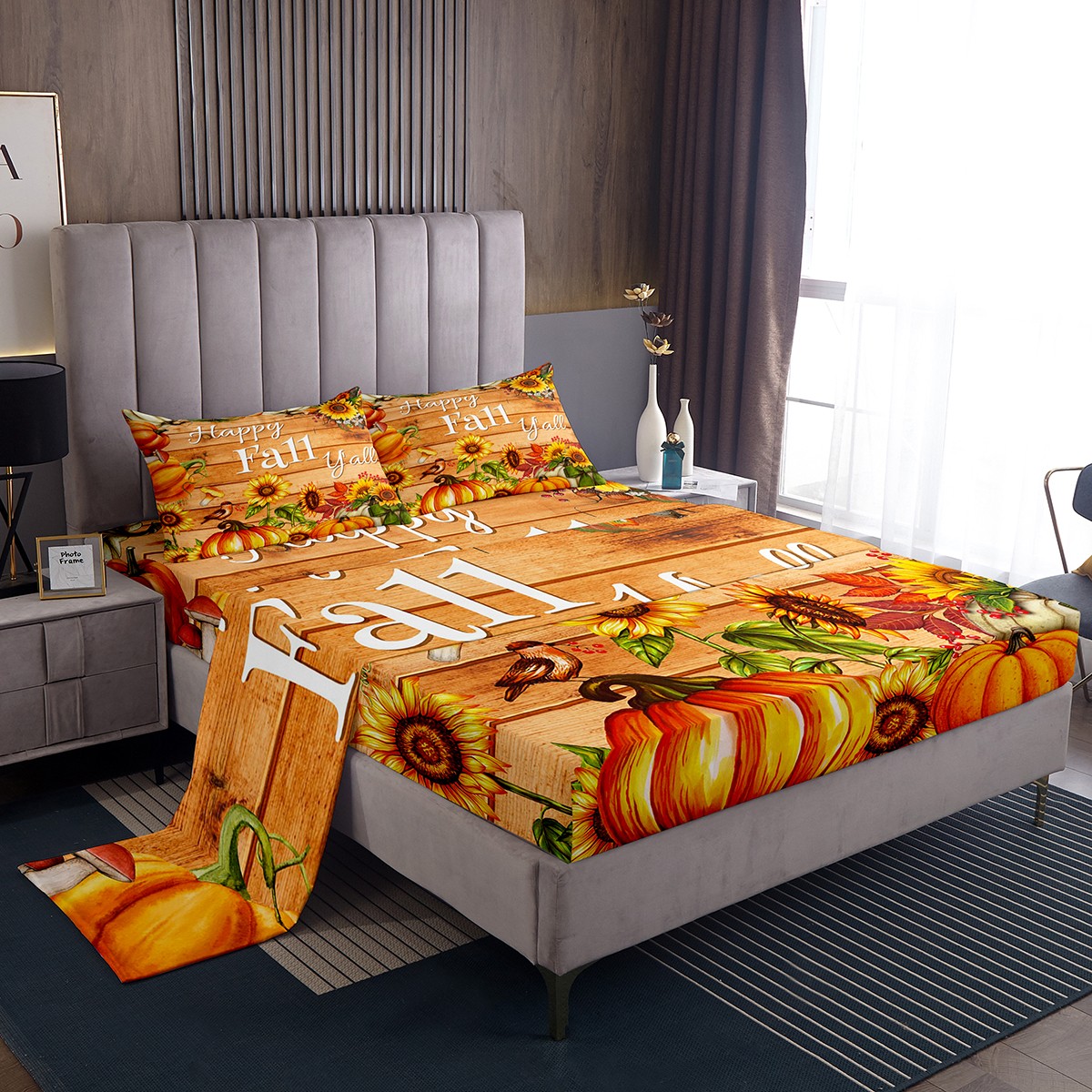 Sunflower Pumpkin Bedding Set Rustic Farmhouse Fall Sheet Set Twin ...