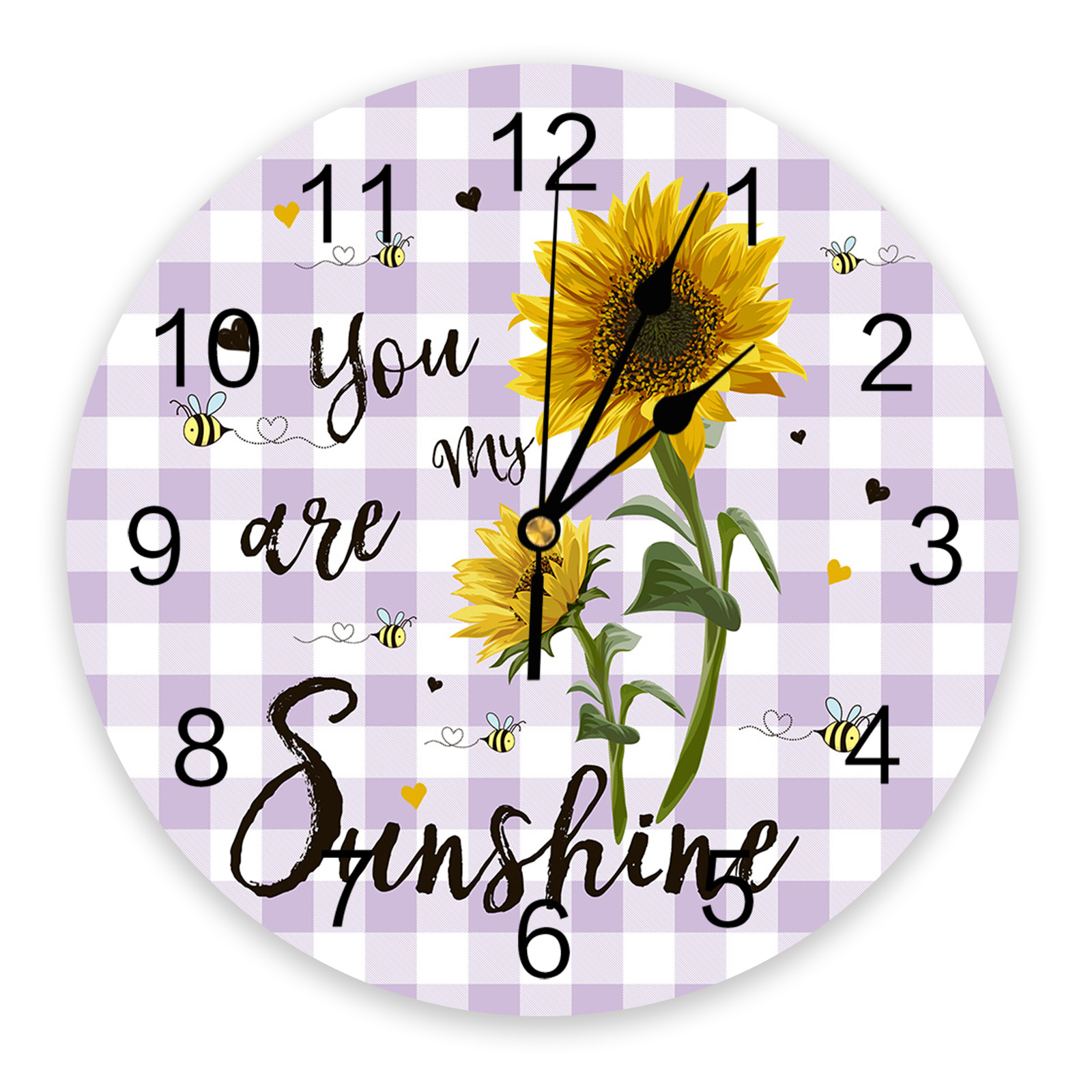 Sunflower Purple White Plaid Wall Clock For Home ration Living Room ...